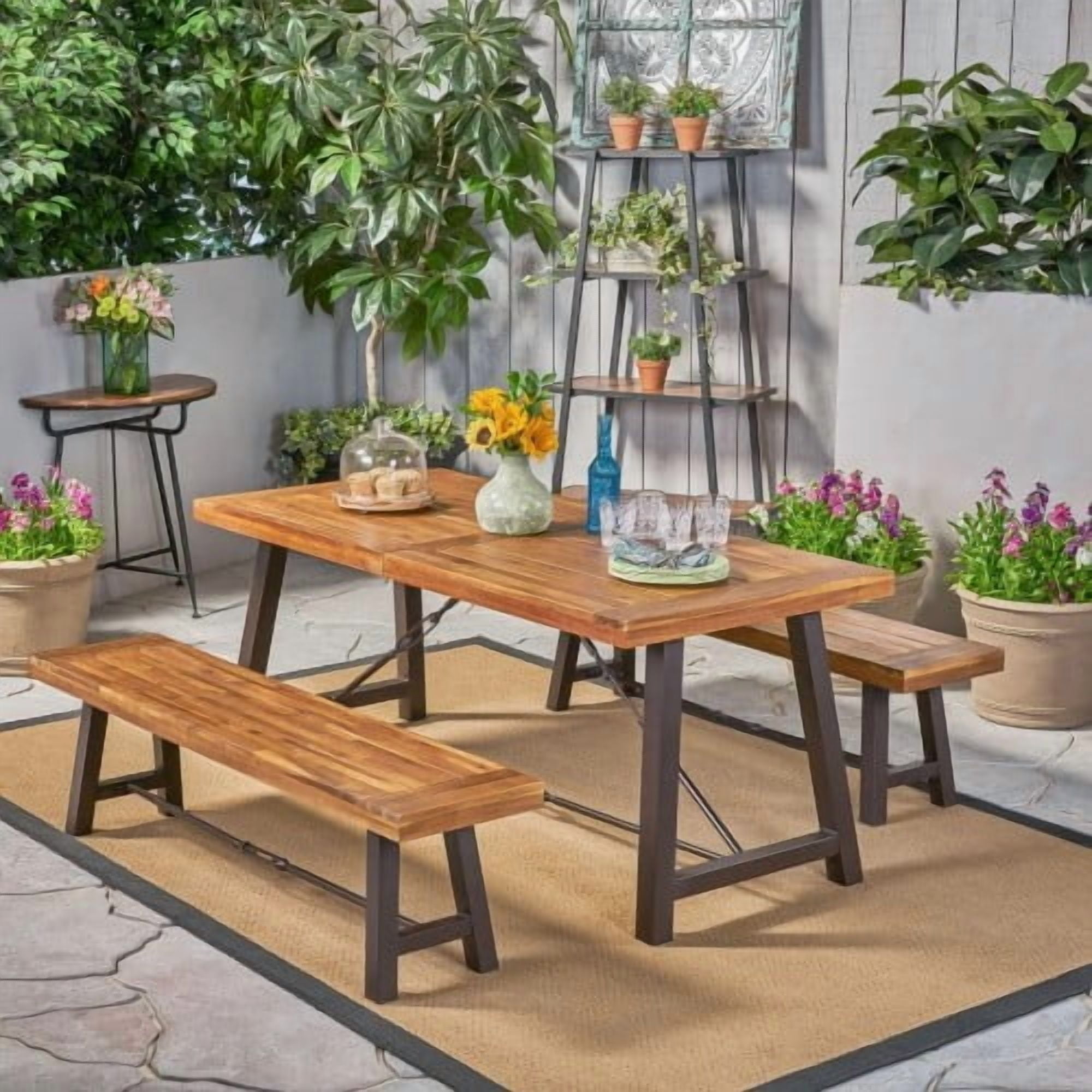 ACE-PATIO, 3 PCS CATRIONA Acacia Wood Dining Set,2 Benches & 1 Table ...