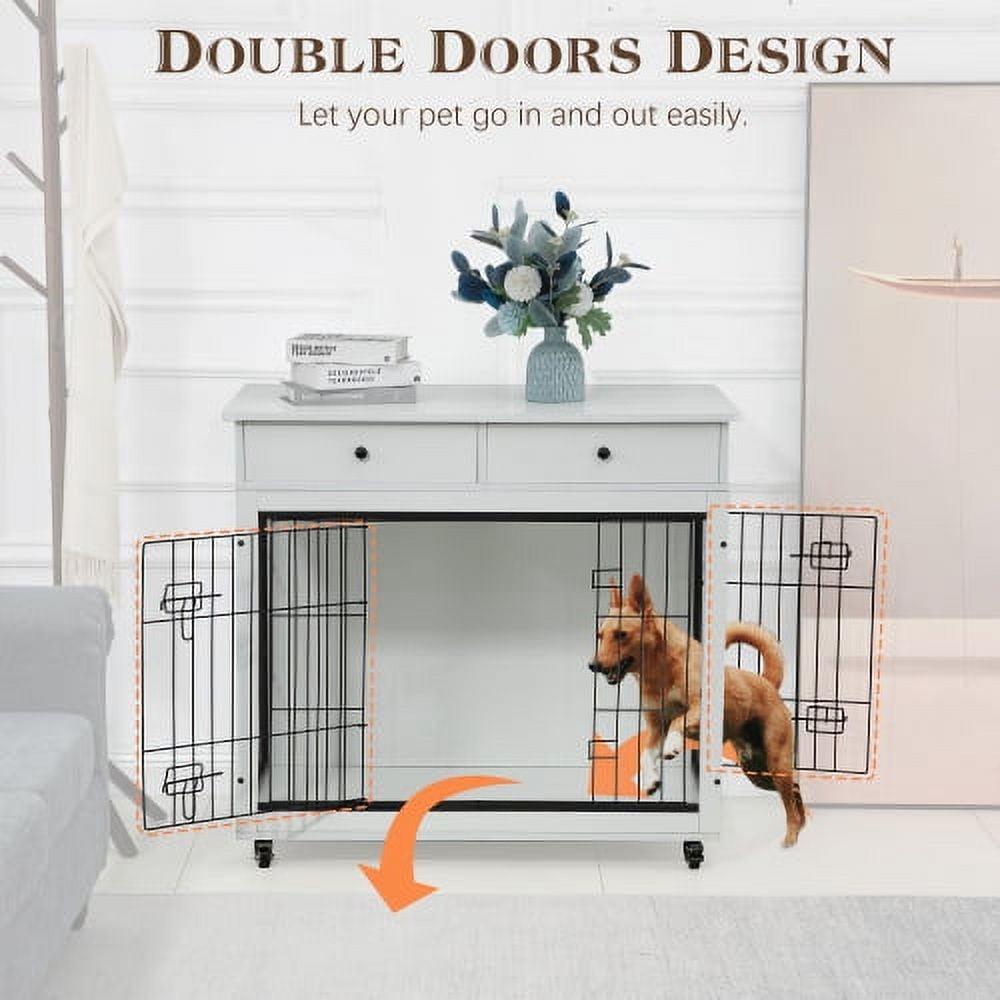 ACE-PET,38.4" Furniture Style Dog Crate Side Table with 2 Drawers & Wheels,Double-Doors Dog ...