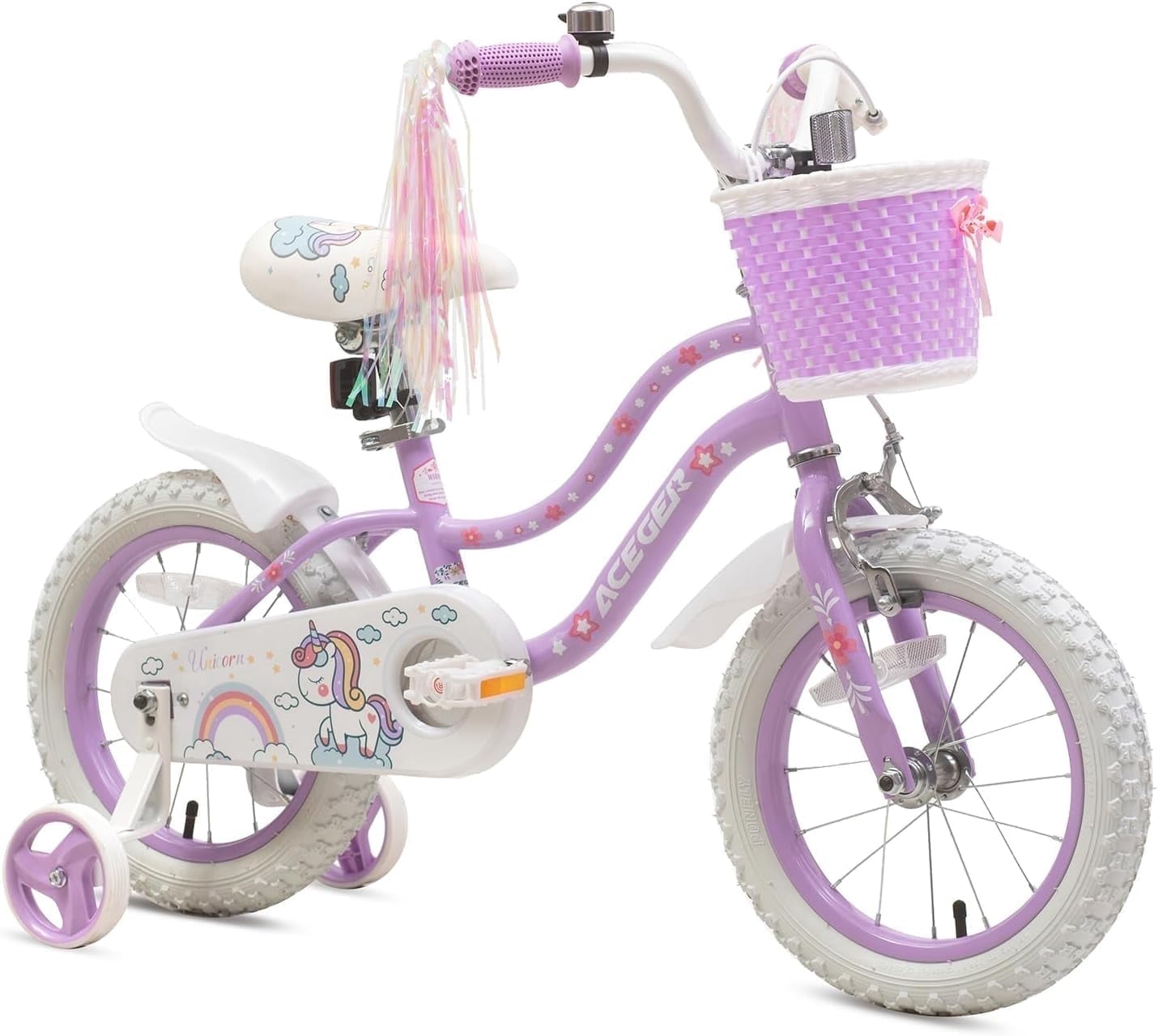 ACEGER 14 Inch Girls Bike with Basket and Training Wheels, Unicorn ...