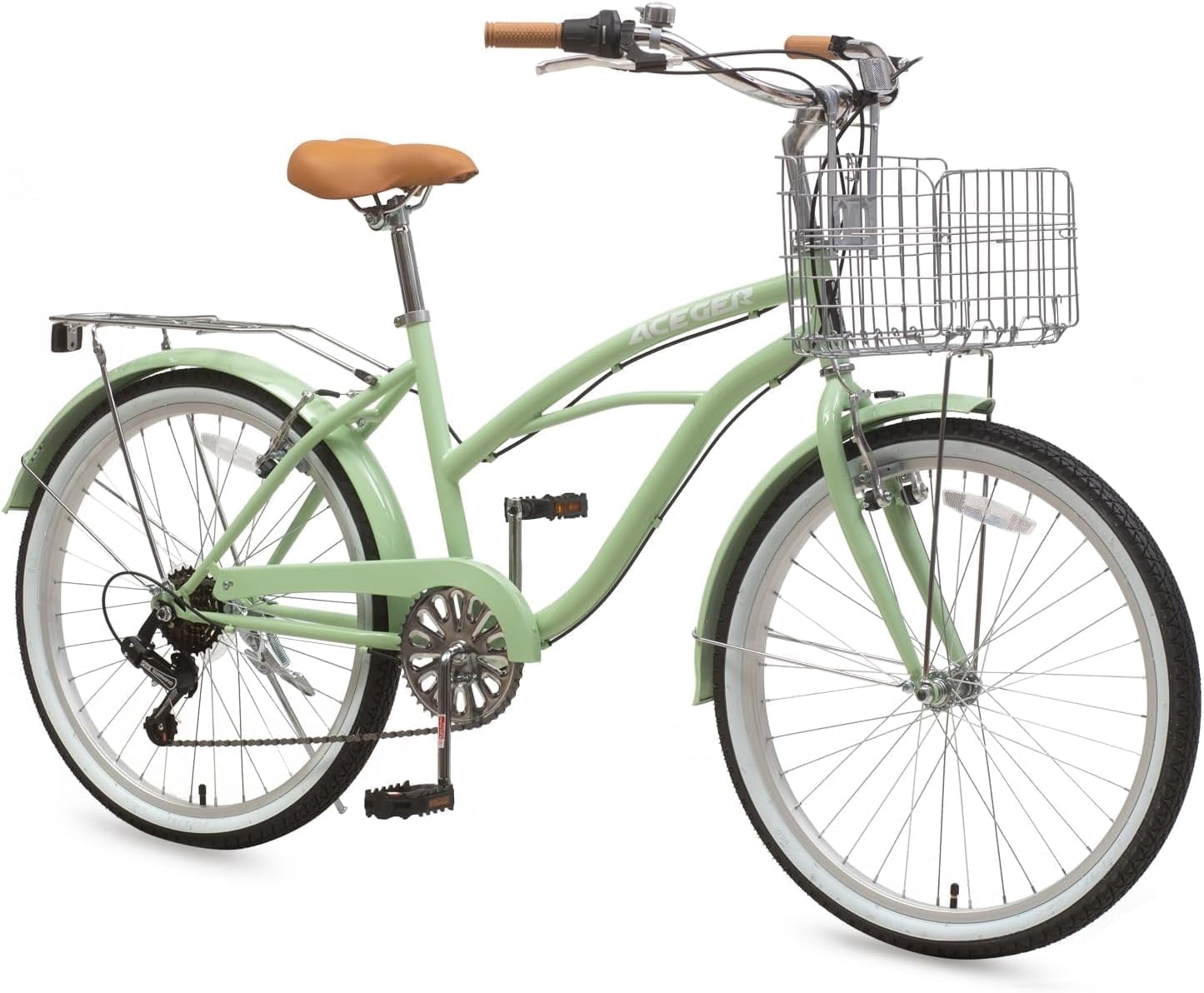 ACEGER 24" Woman Cruiser Bike, 7 Speed, Green, With rattan basket and ...
