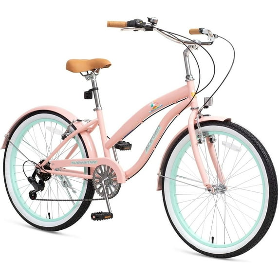 ACEGER 24 inch Cruiser Bike 7 Speed Bicycle with Dual Brakes , Coral ...