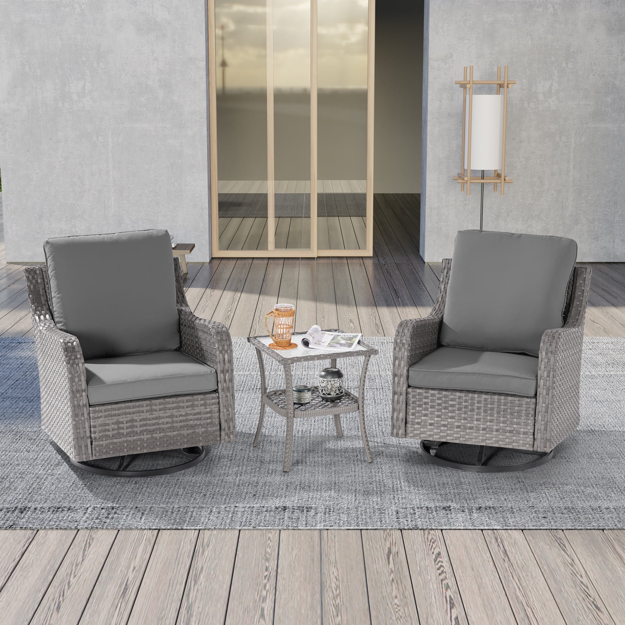 ACEGOSES 3-Piece Patio Sofa Set Gray Rattan Swivel Rocking Chair Set ...