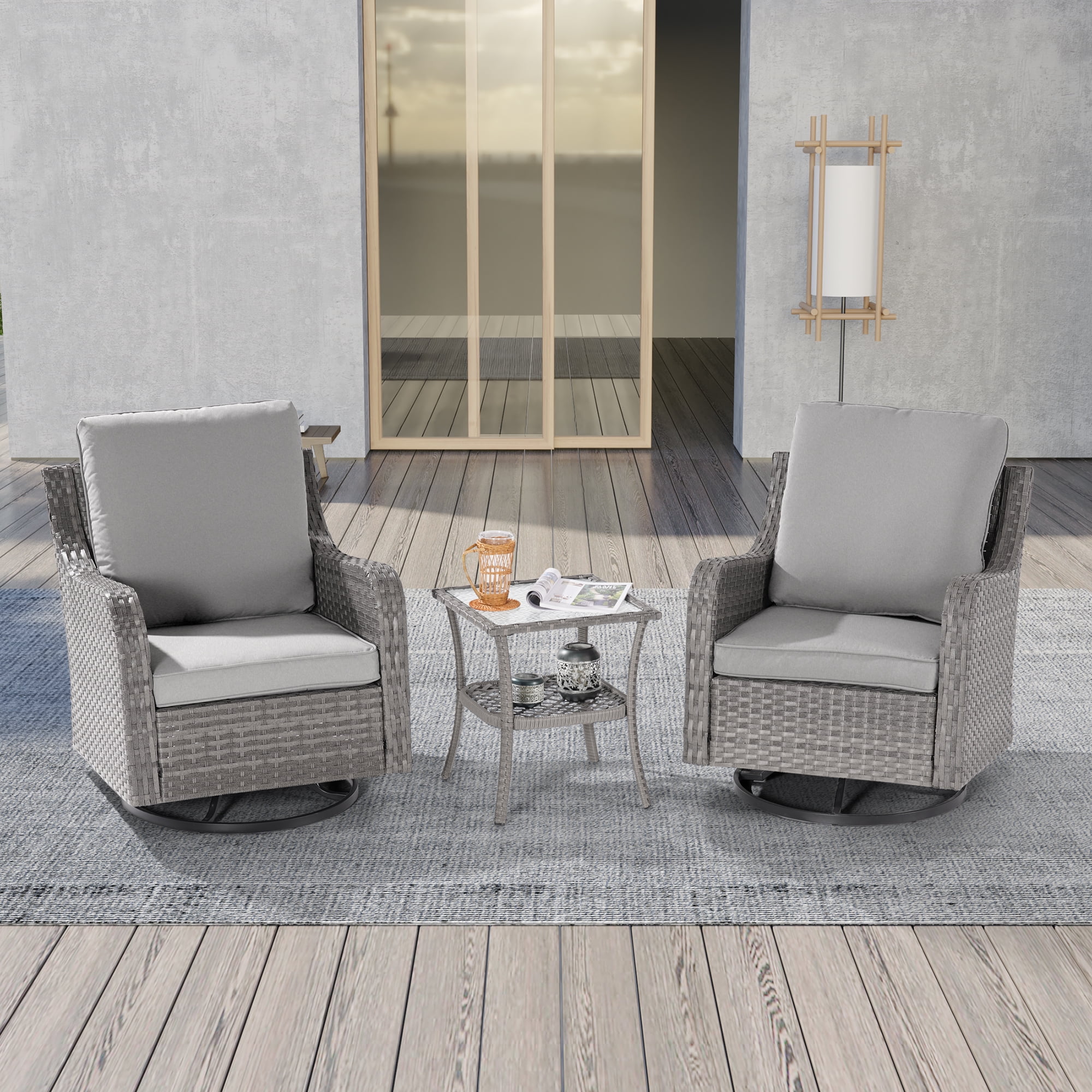 ACEGOSES 3-Piece Patio Sofa Set Gray Rattan Swivel Rocking Chair Set ...