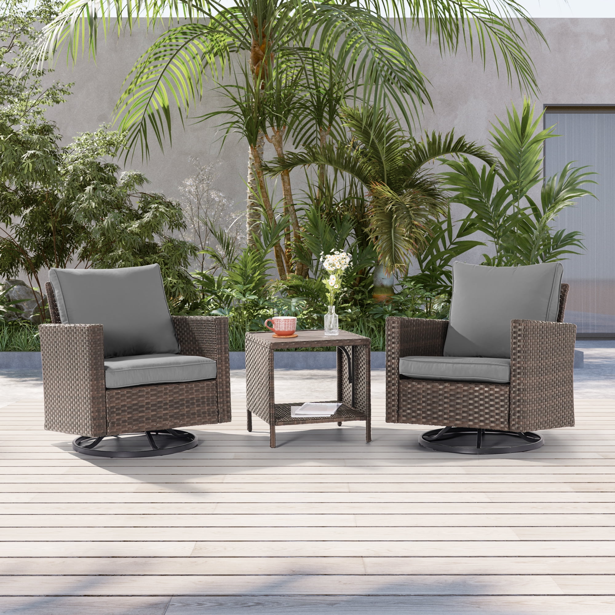 ACEGOSES 3-Piece Patio Sofa Set Rattan Swivel Rocking Chair Set Side ...