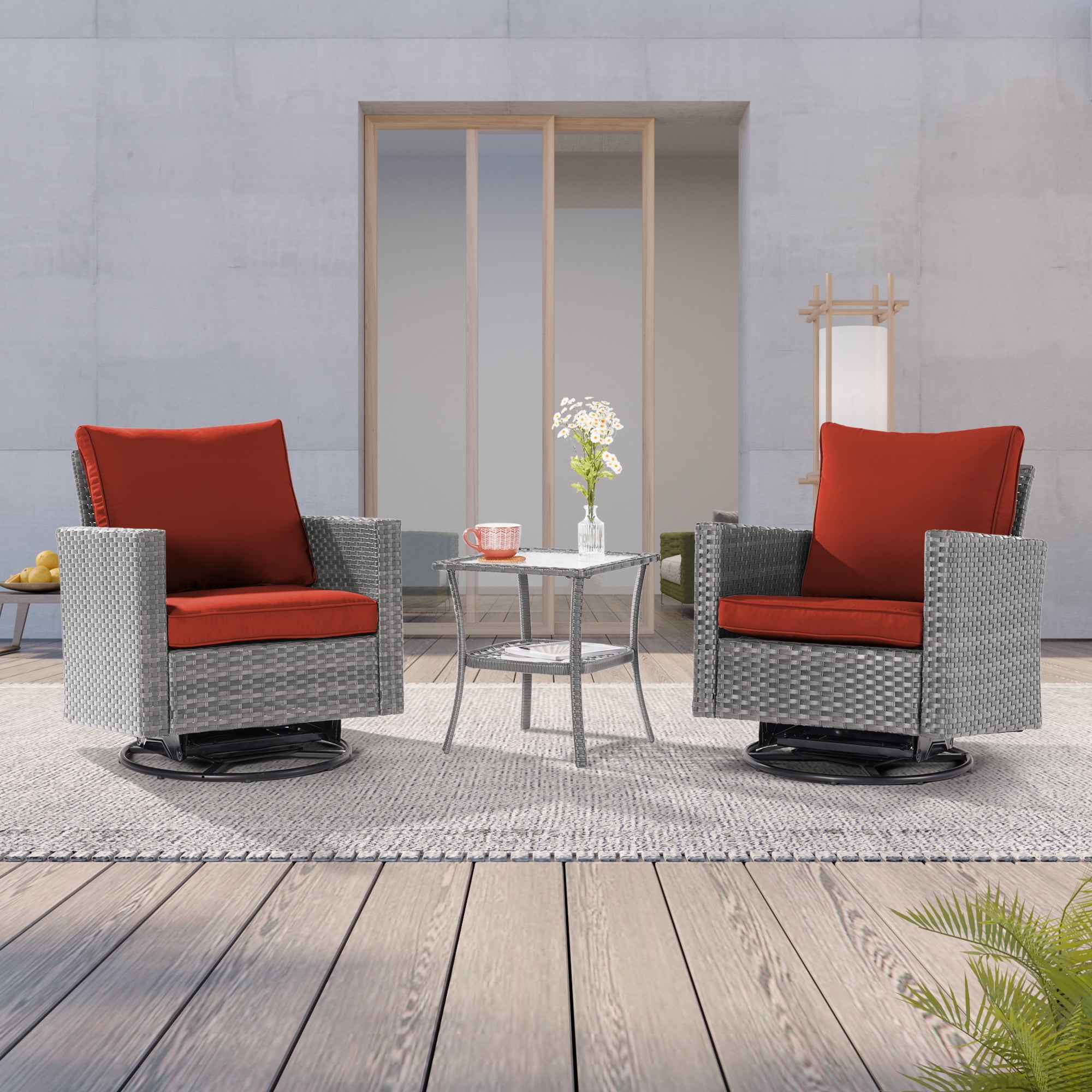 ACEGOSES 3-Piece Patio Sofa Set Rattan Swivel Rocking Chair Set Side ...