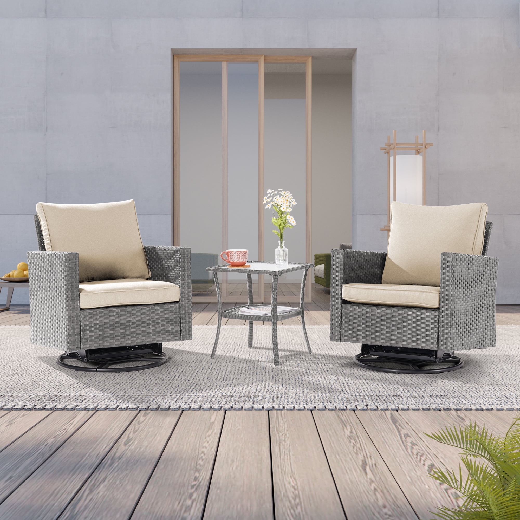 ACEGOSES 3-Piece Patio Sofa Set Rattan Swivel Rocking Chair Set Side ...