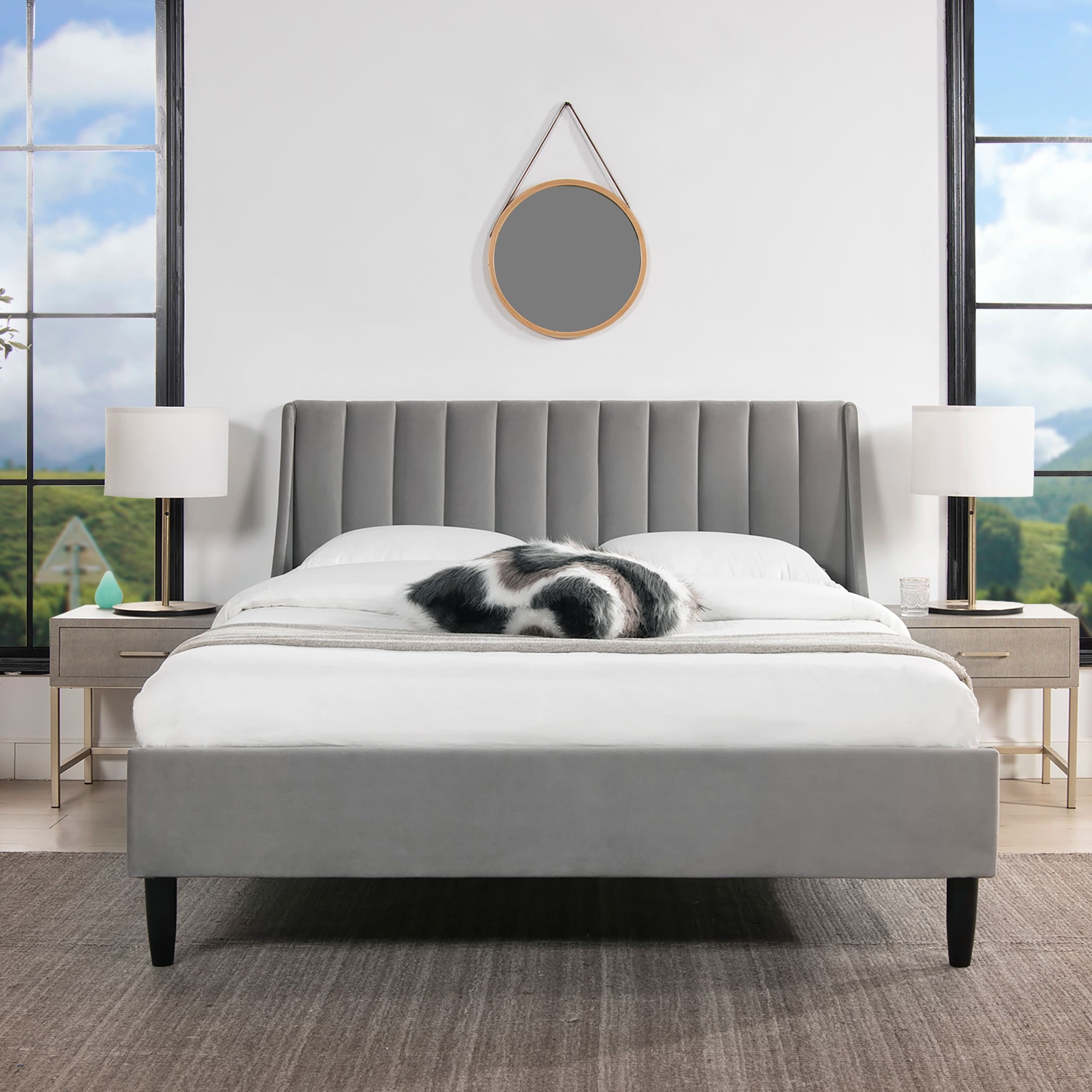Jennifer Taylor Home Aspen Vertical Tufted Upholstered Headboard Platform Bed Opal Grey Velvet Queen Modern Contemporary Mid Century Modern Velvet