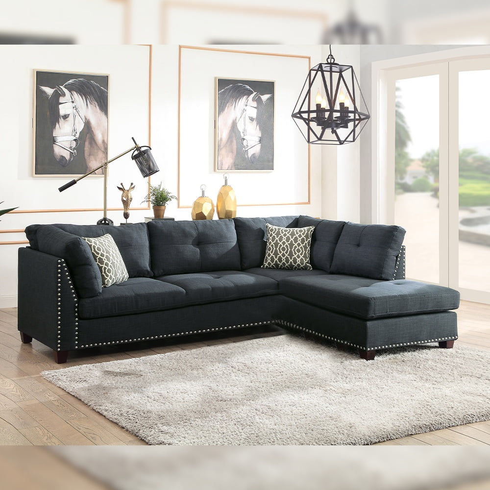 Acme Laurissa Sectional Sofa & Ottoman (2 Pillows), Dark Blue Linen ...