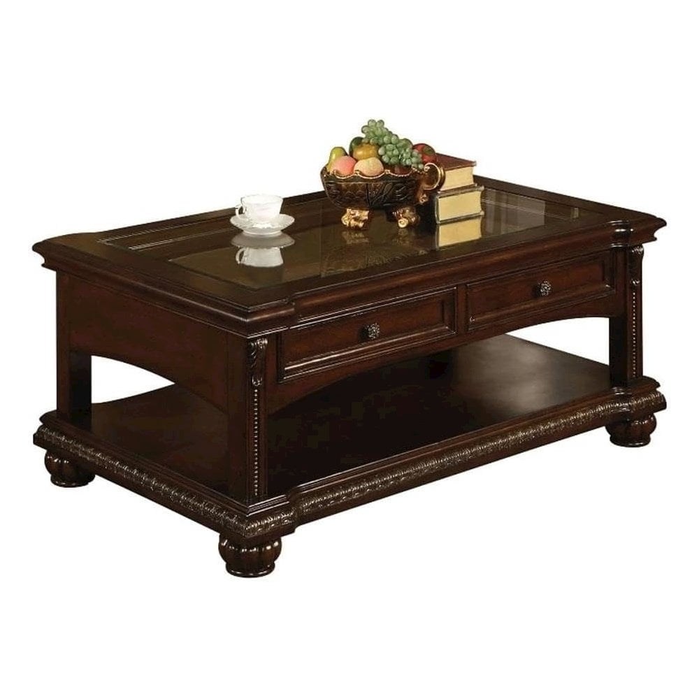 ACME Furniture, Coffee Table, Cherry, Glass Top with Bottom Shelf ...