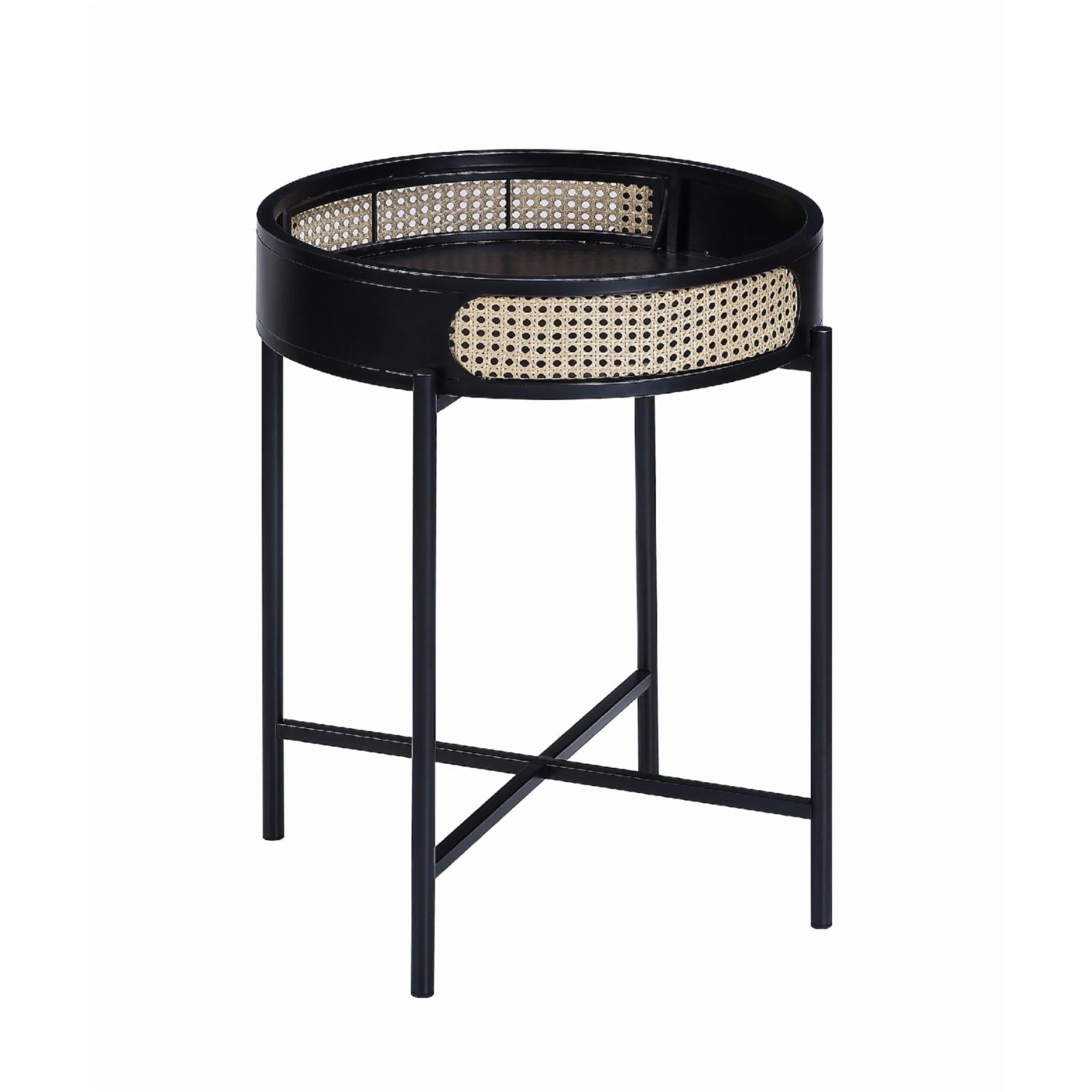 ACME Colson Tray Top Round Wooden End Table with Rattan Insert in Black ...