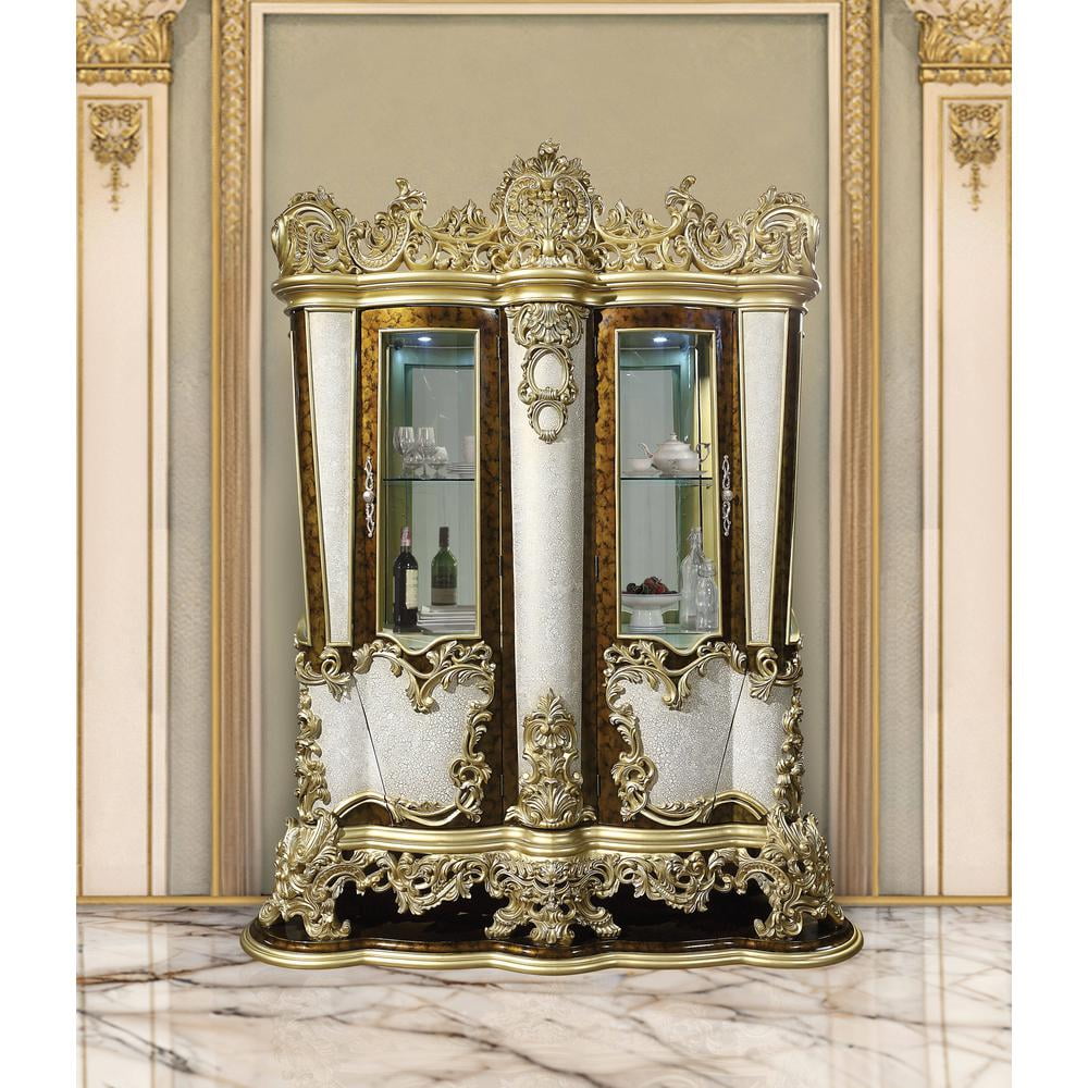 ACME Desiderius Wood 2-Doors Curio in Antique Gold and Hand Paint Brown ...