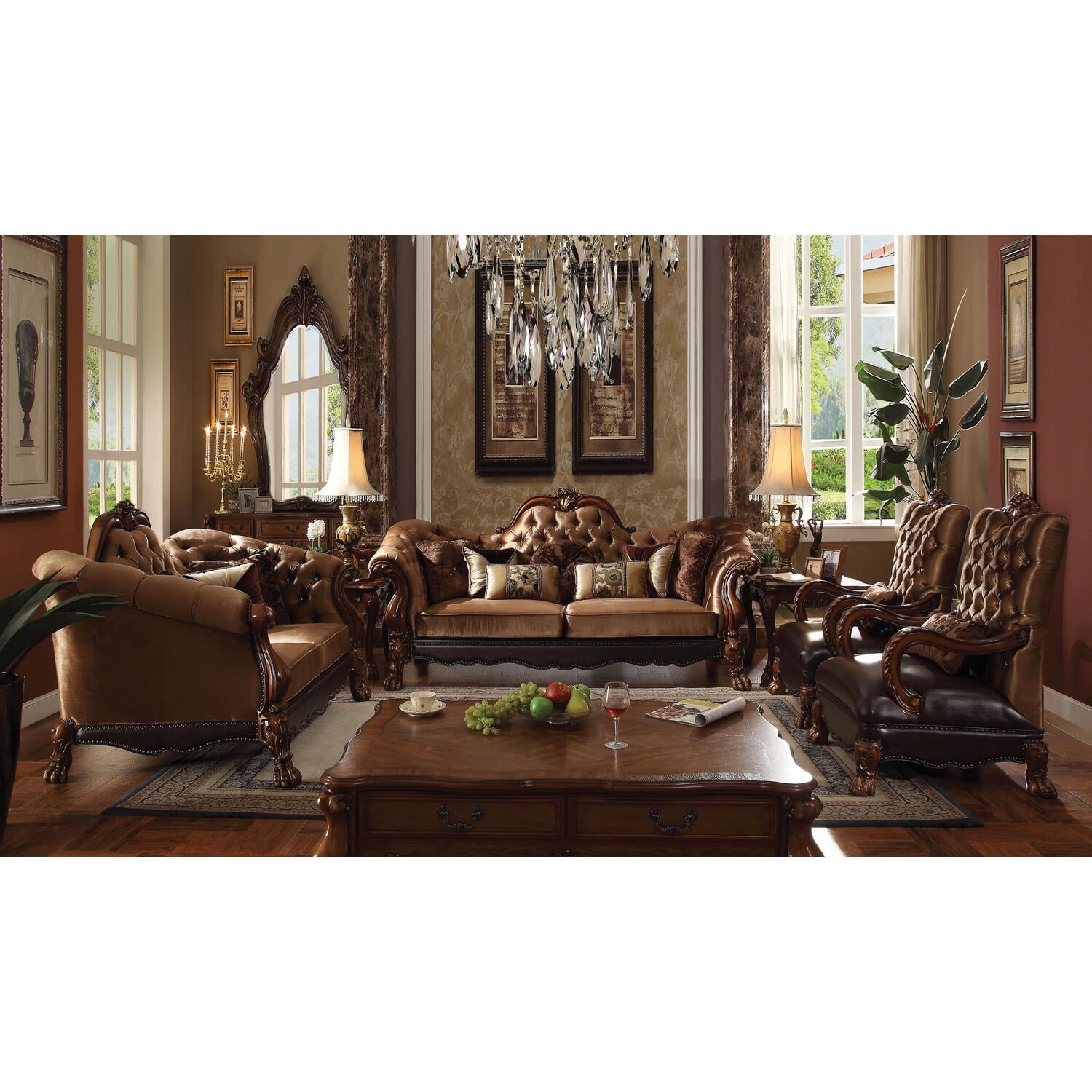 ACME Dresden Sofa w/7 Pillows, Golden Brown Velvet & Cherry Oak ...