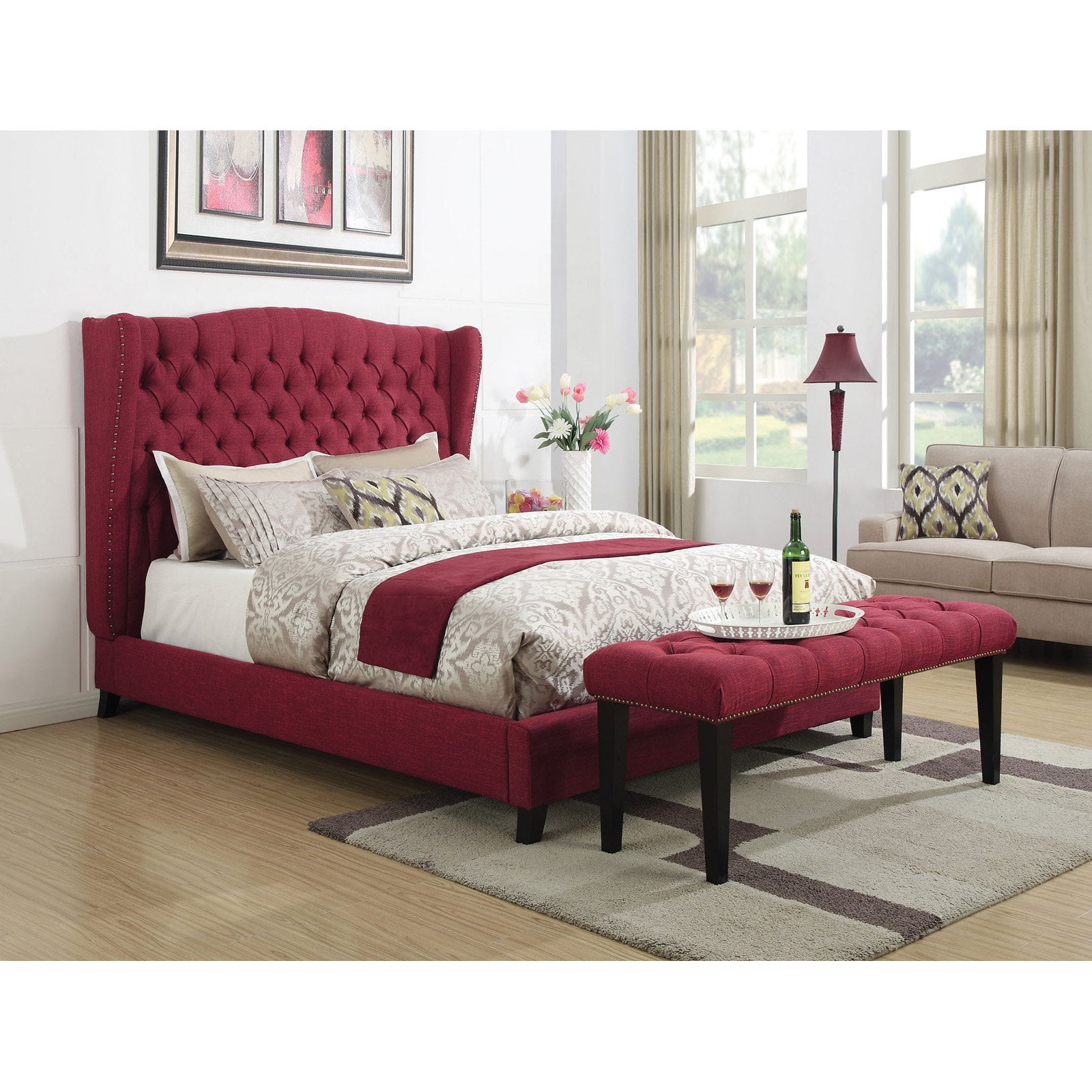 Clay Alder Home Faye Red Linen and Espresso Wood Bench - Walmart.com