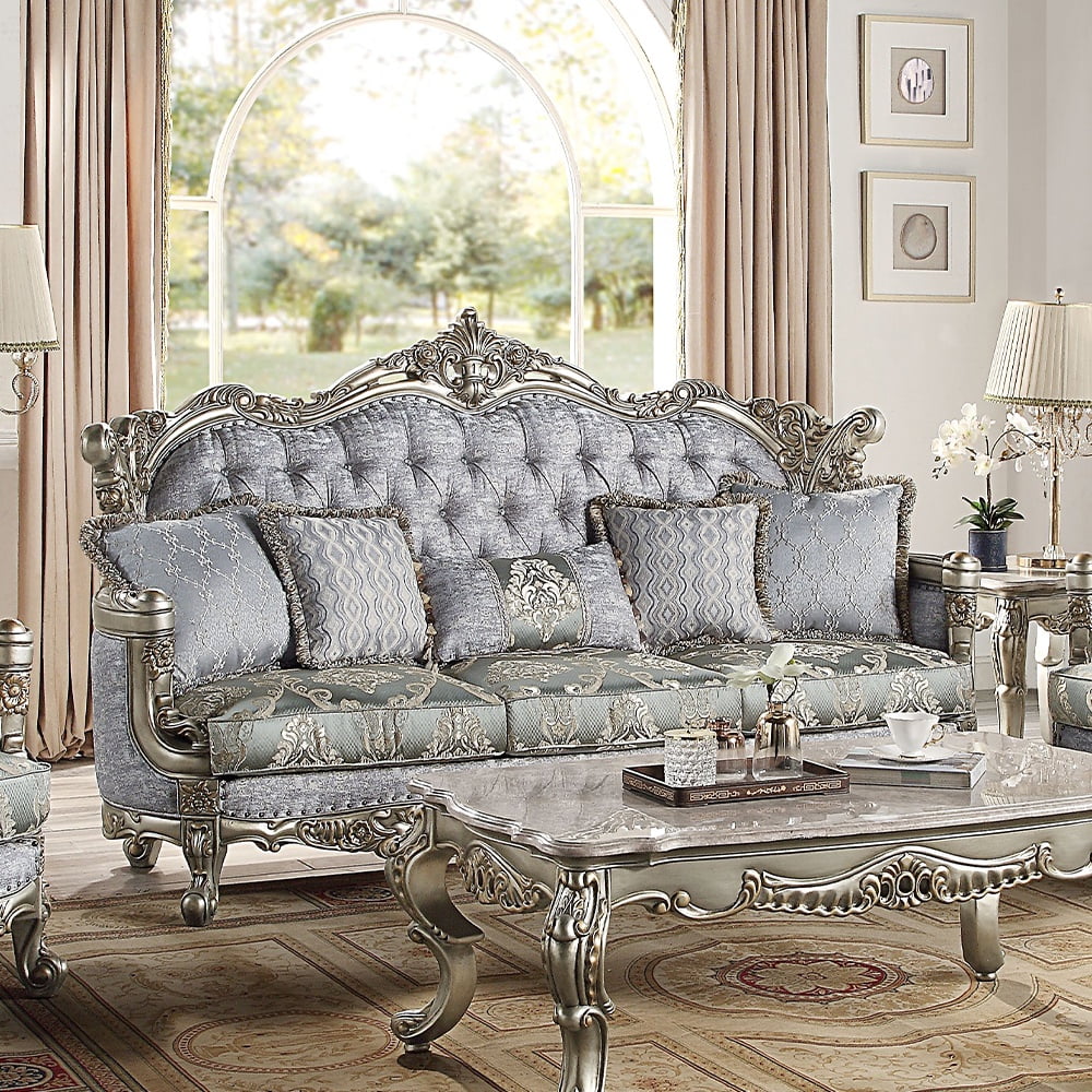 ACME Furniture Miliani Tufted Fabric & Wood Sofa with 5 Pillows in Gray ...