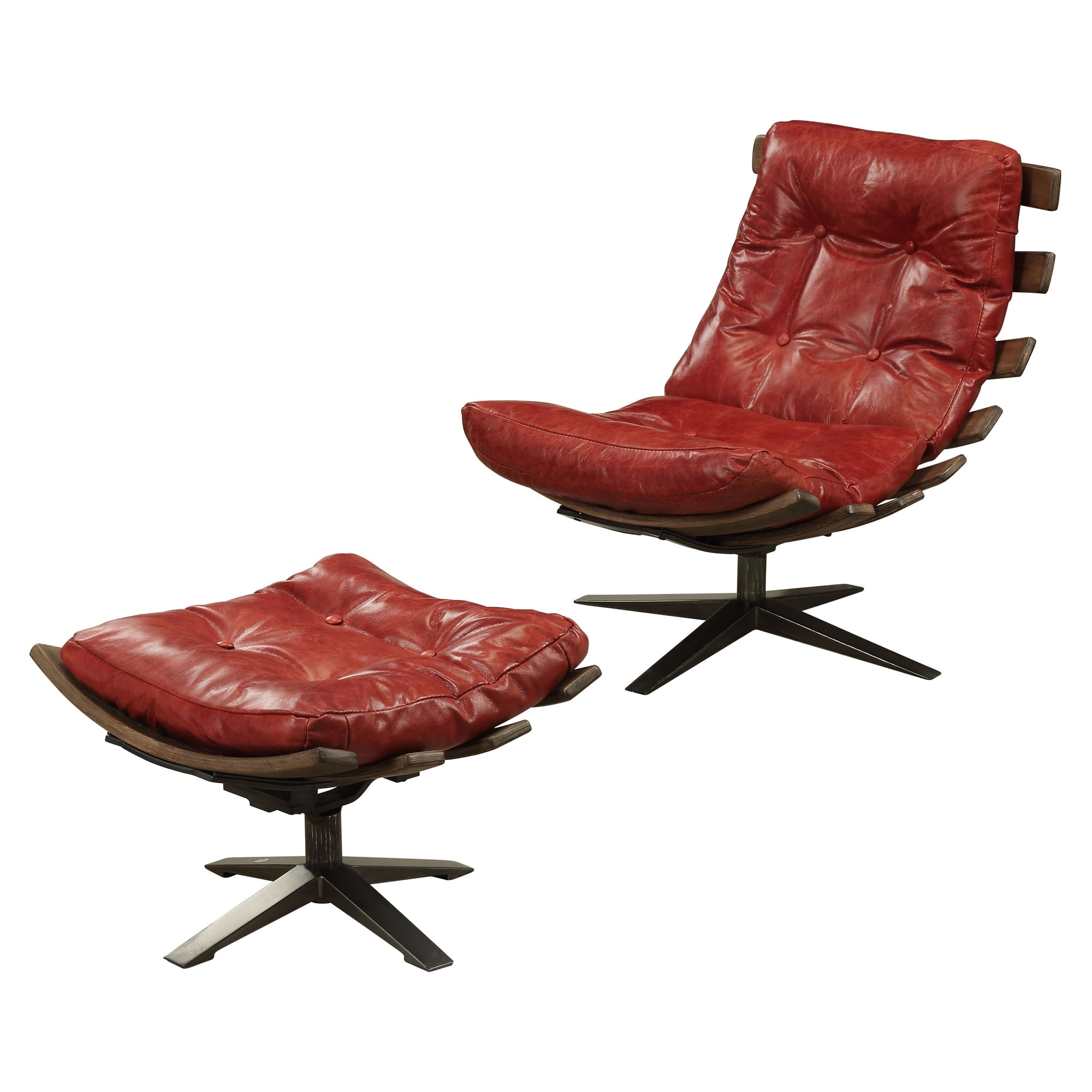 ACME Gandy 2-piece Chair and Ottoman Set in Antique Red and Brown ...