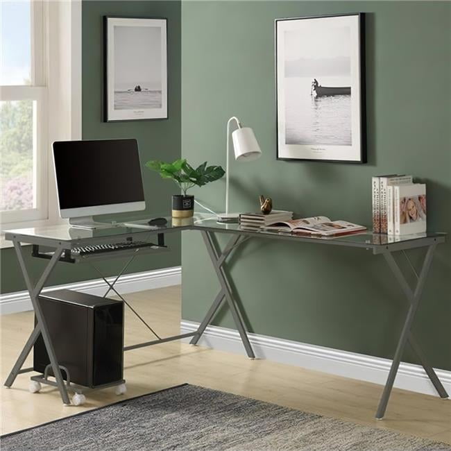 ACME Glass Top L-Shaped Computer Desk with Holder in Clear and Silver ...