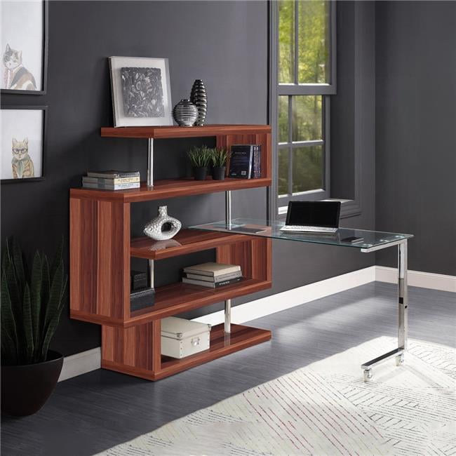 ACME ER-0164WL Glass Top Writing Desk in Chrome and Walnut High Gloss ...
