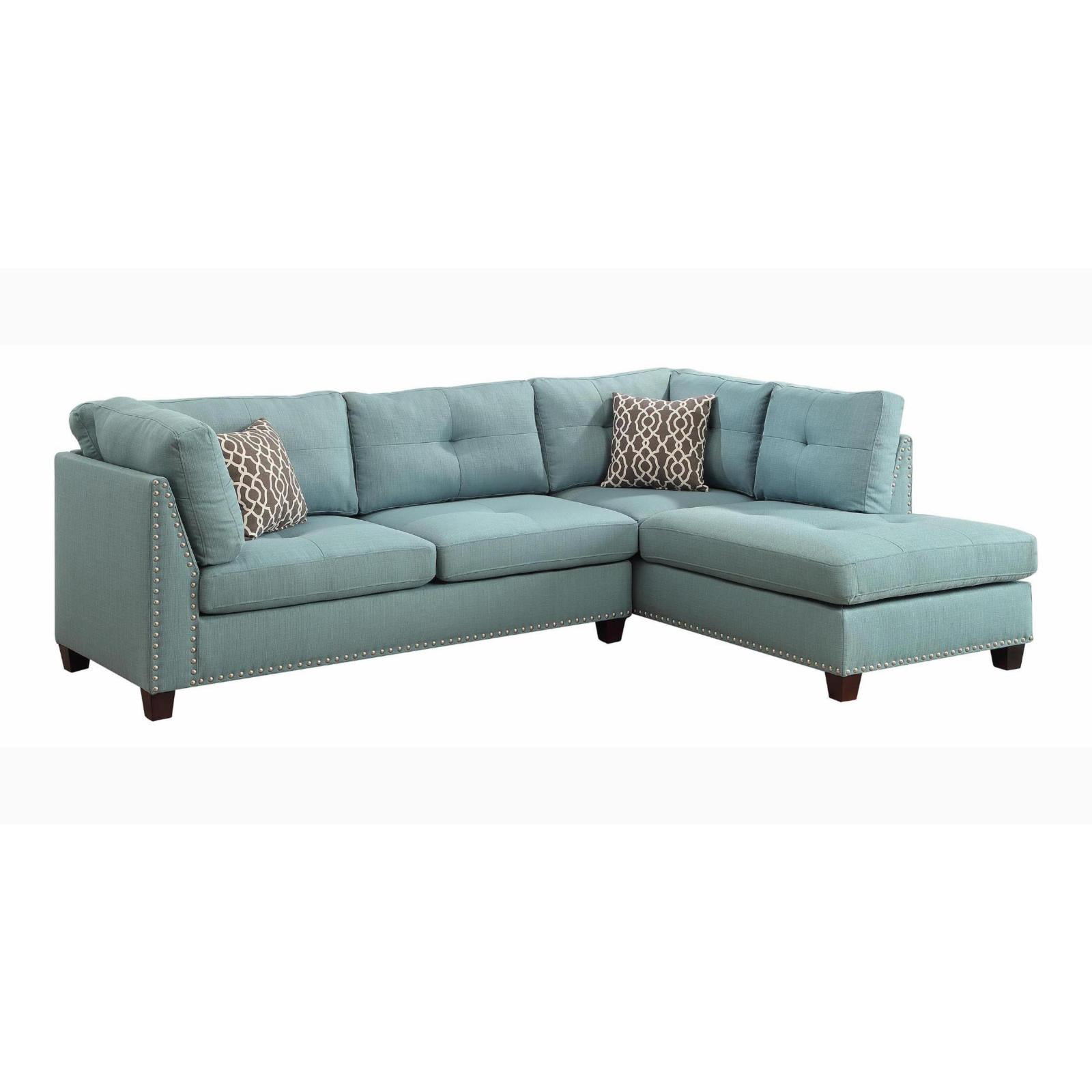 ACME Laurissa Sectional Sofa & Ottoman in Light Teal Linen Green Finish ...