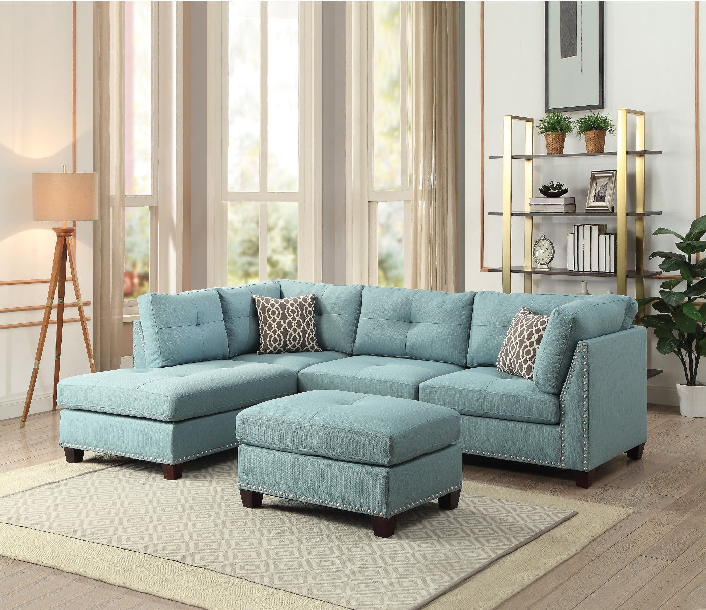 Acme Laurissa Light Teal Linen Sectional Sofa & Ottoman (2 Pillows ...