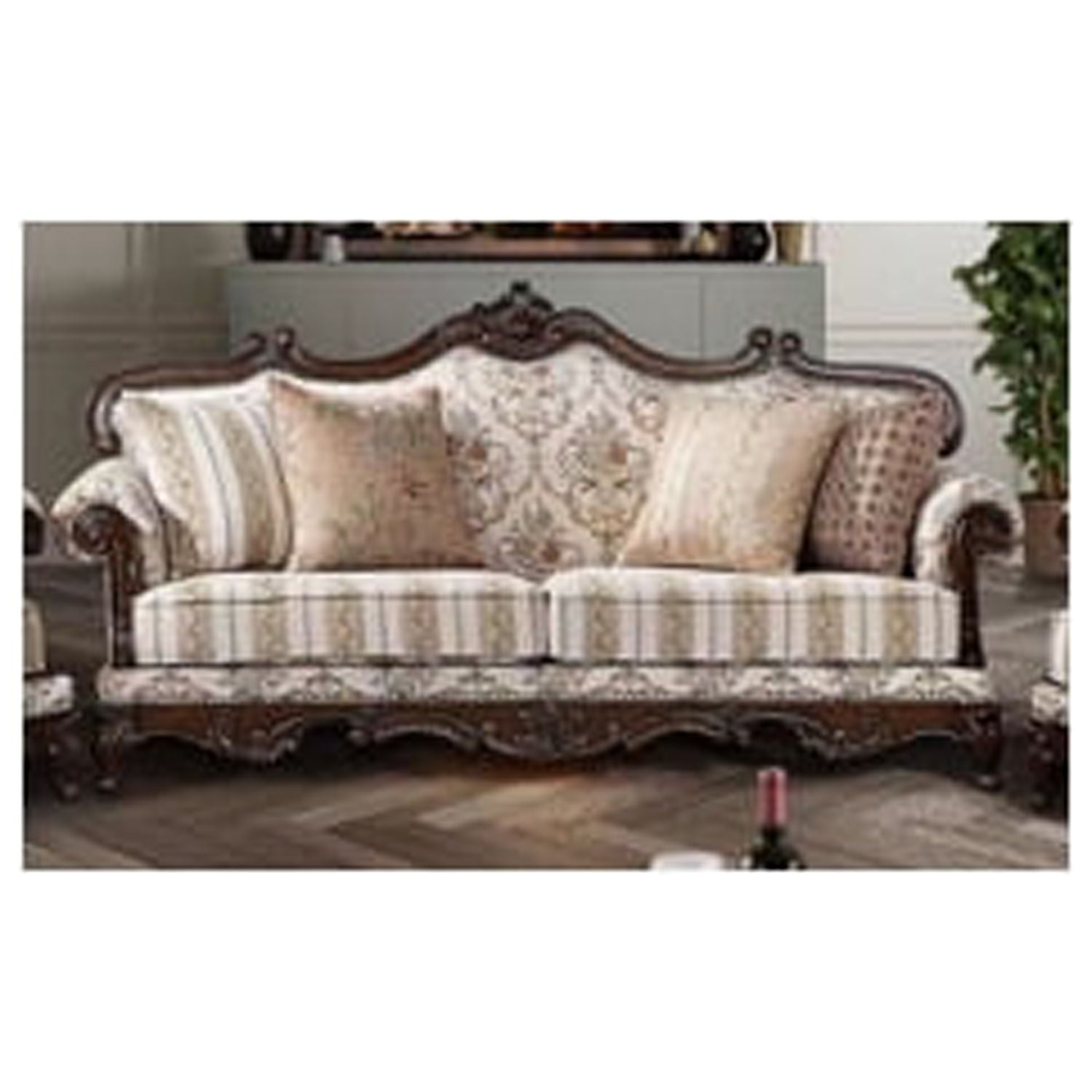 ACME Nayla Vintage Victorian Floral Fabric Upholstered Sofa with 4 ...
