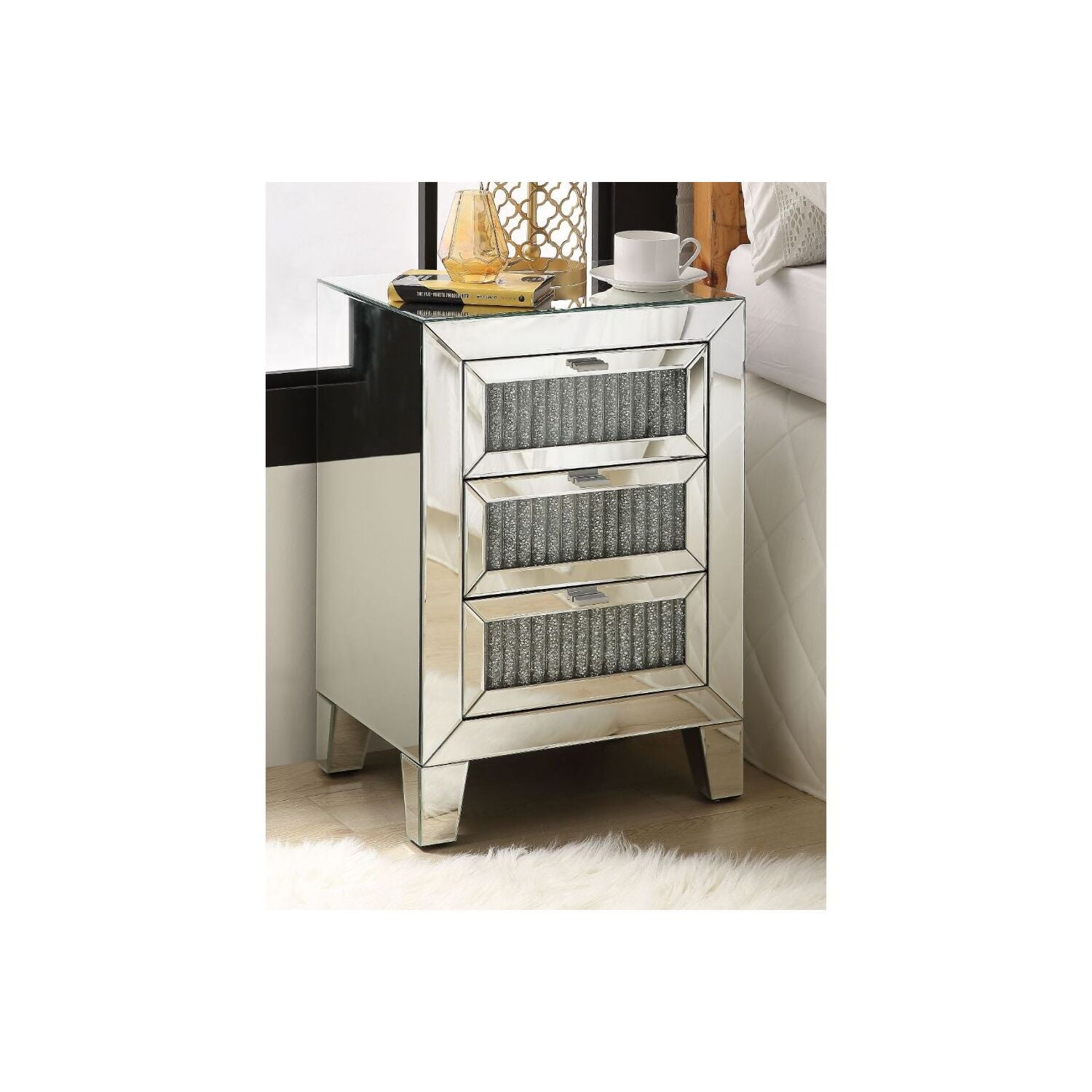 ACME Noralie Accent Table with 3 Drawers in Mirrored and Faux Diamonds ...