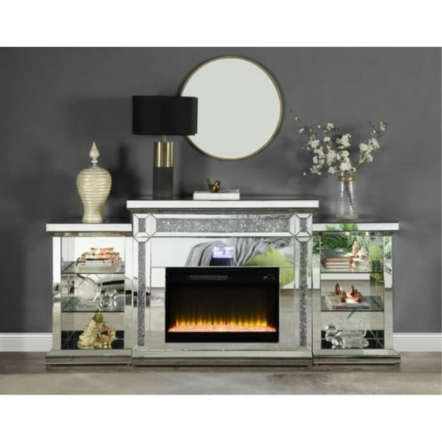 ACME Noralie Fireplace w/LED & Bluetooth, Mirrored & Faux Diamonds ...