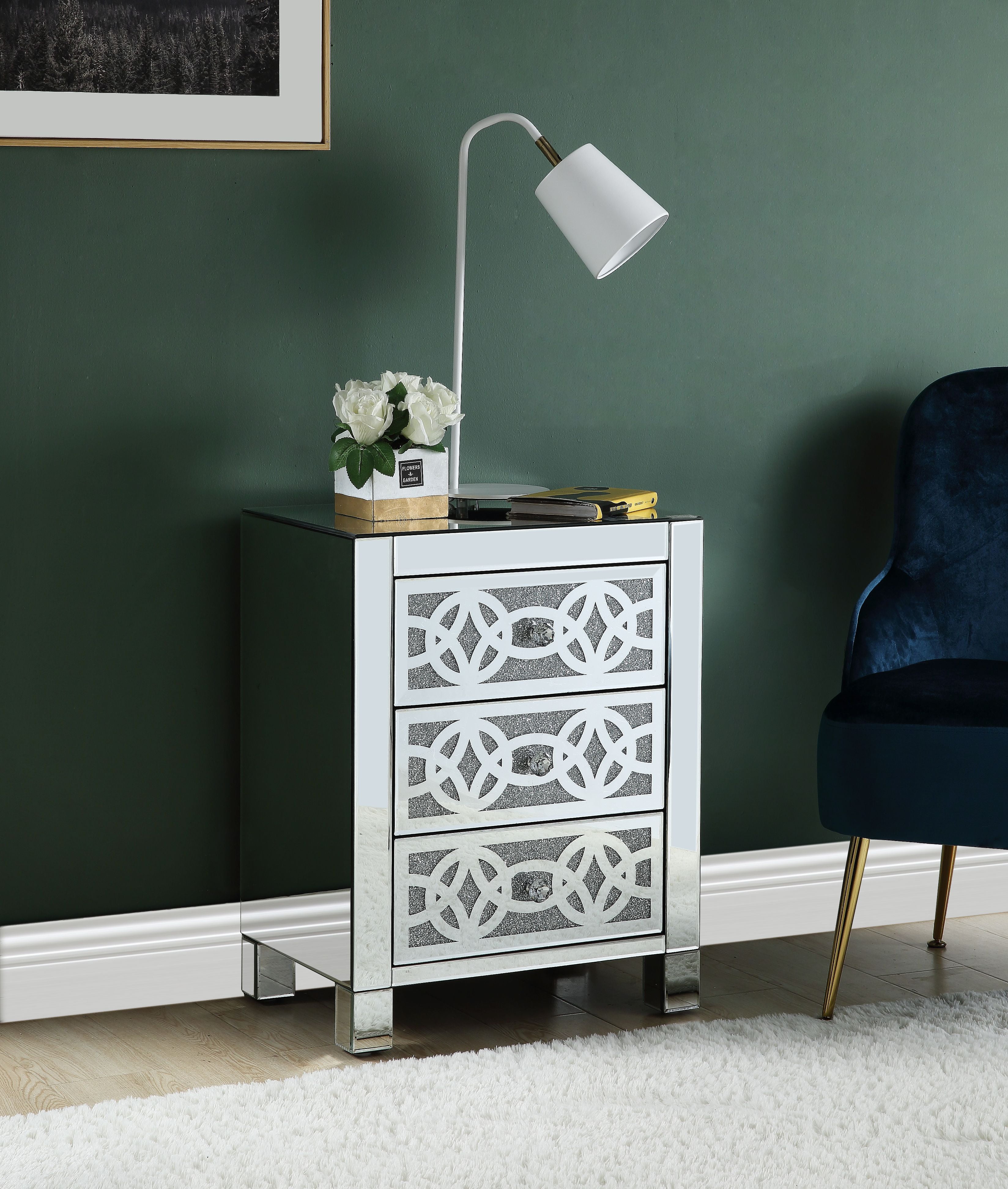 ACME Noralie Storage Accent Table in Mirrored and Faux Diamonds ...