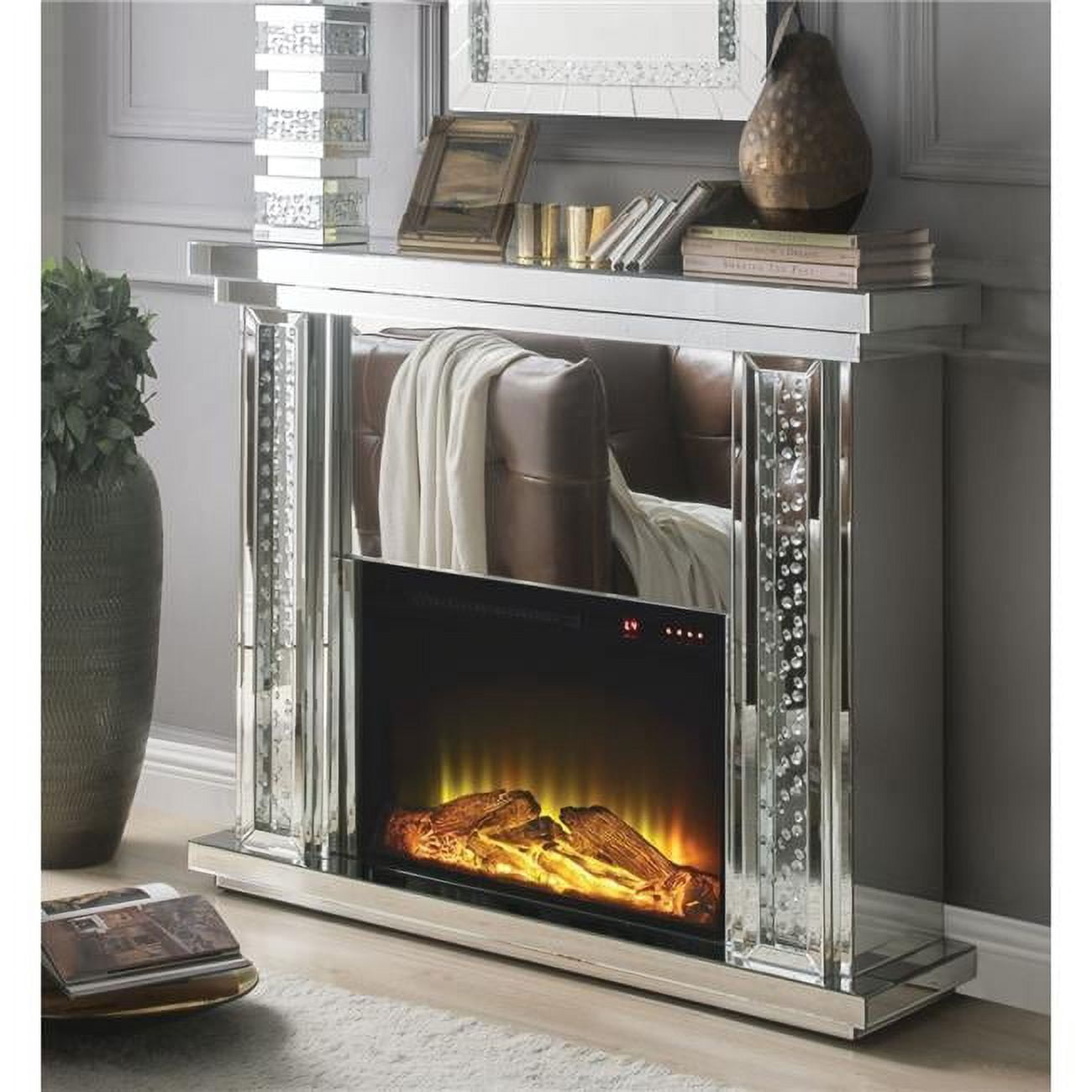 ACME Nysa Fireplace, Mirrored & Faux Crystals-Color:Mirrored & Faux ...