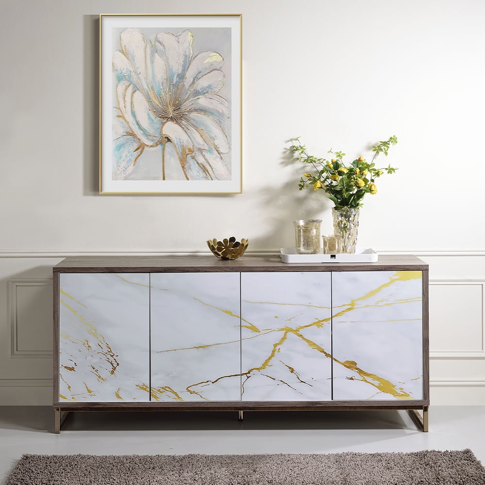 ACME Paavan Contemporary Wood Console Cabinet with White Marble Print ...