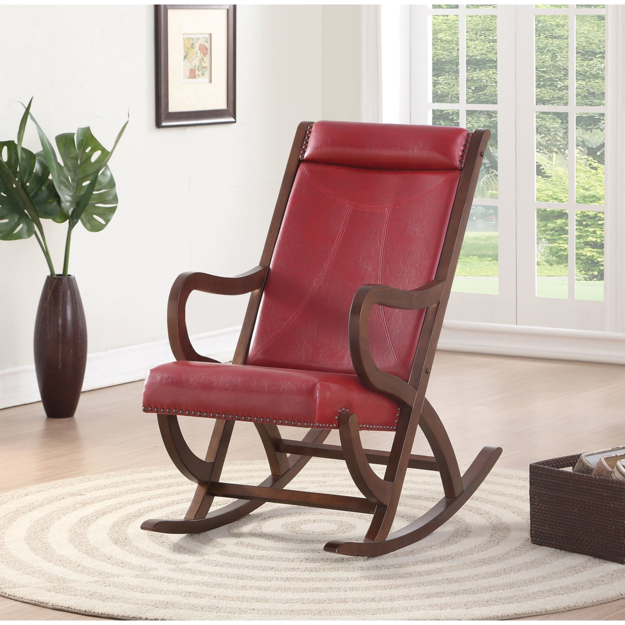 ACME Triton Wooden Arm Rocking Chair in Burgundy and Walnut - Walmart.com