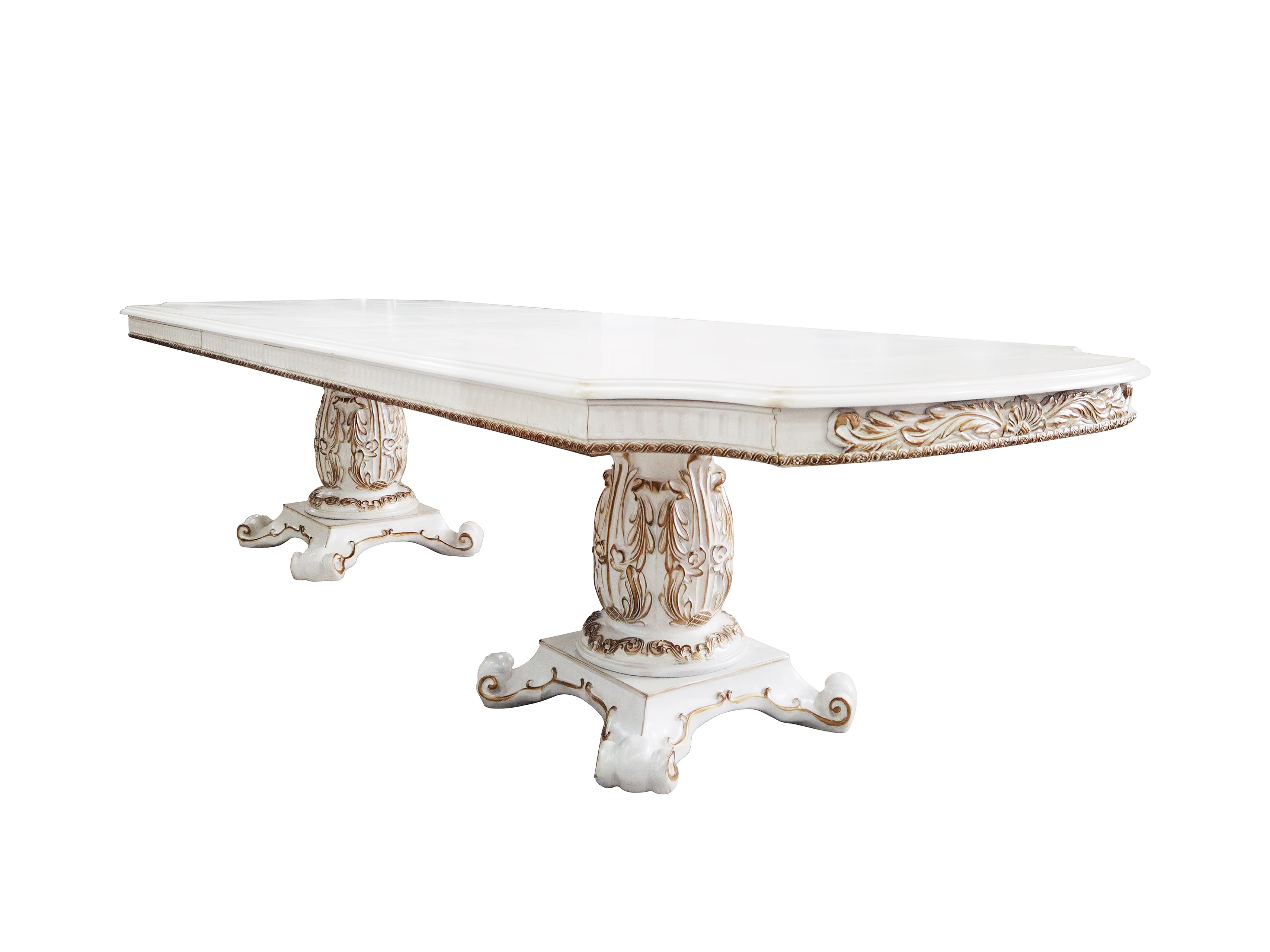 ACME Vendome Wood Dining Table with Double Pedestal in Antique Pearl ...