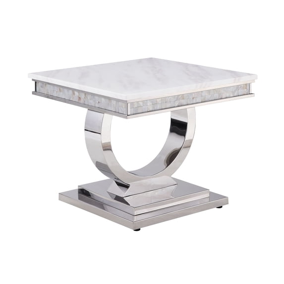 ACME Zander End Table, White Engineered Marble & Mirrored Silver Finish ...