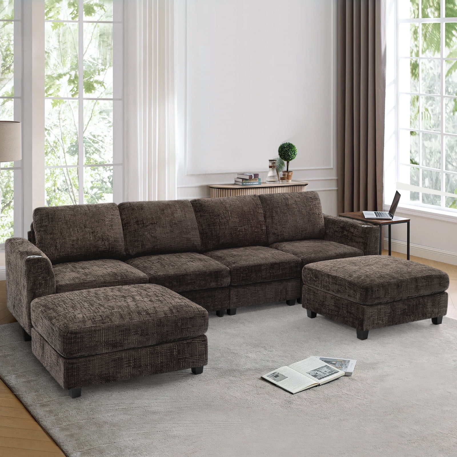 ACMEASE 110" Chenille 3 Seater Sofa w/Two Movable Ottoman, Modular ...