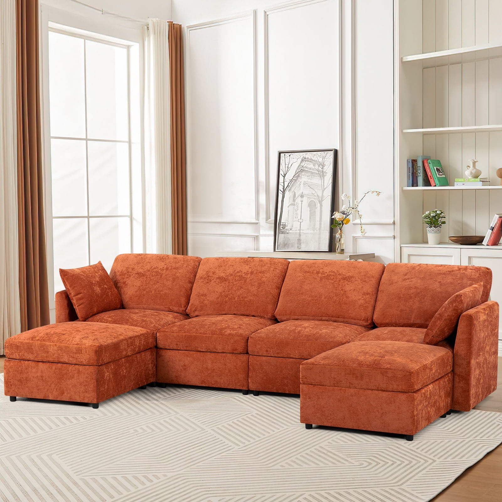 ACMEASE 110” Chenille 4 Seats Sofa W/2 Movable Ottoman, Modern Fabric U ...