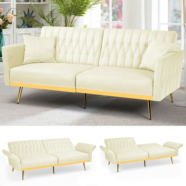 ACMEASE 70” Velvet Futon Sofa Bed with Adjustable Armrests and 2 ...