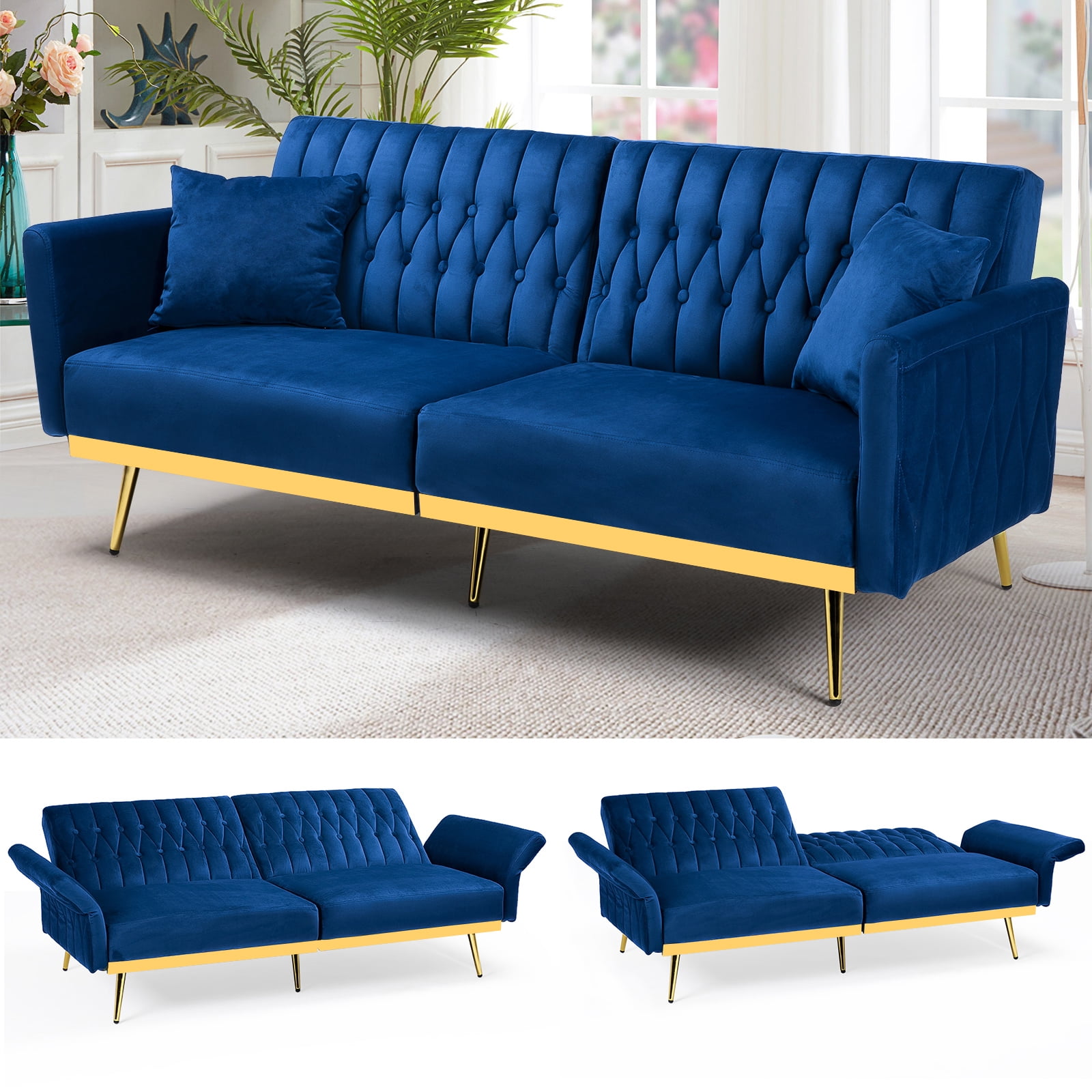 ACMEASE 70” Blue Velvet Convertible Futon Sofa Bed, Adjustable Armrests ...