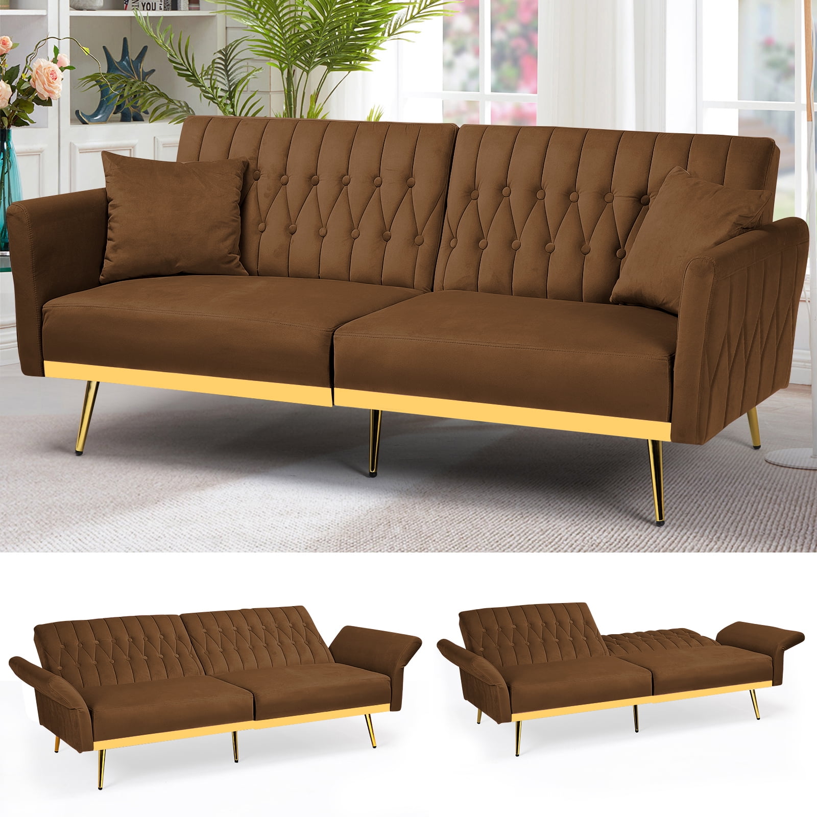 ACMEASE 70” Velvet Futon Sofa Bed with Adjustable Armrests and 2 ...