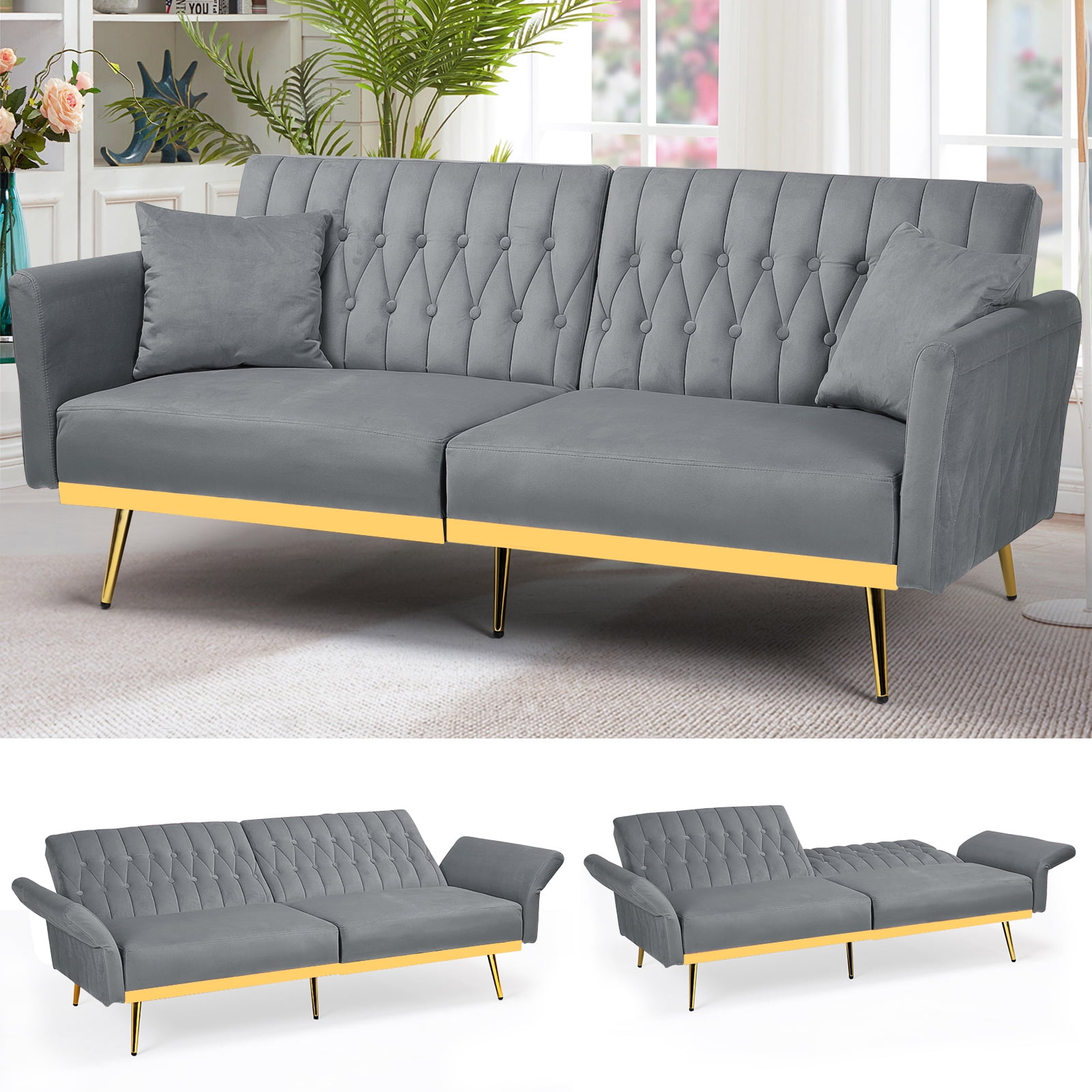 ACMEASE 70” Velvet Futon Sofa Bed with Adjustable Armrests and 2 ...