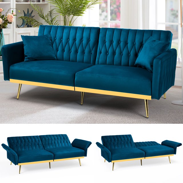 ACMEASE 70” Velvet Futon Sofa Bed, Adjustable Armrests, 2 Pillows, Teal ...