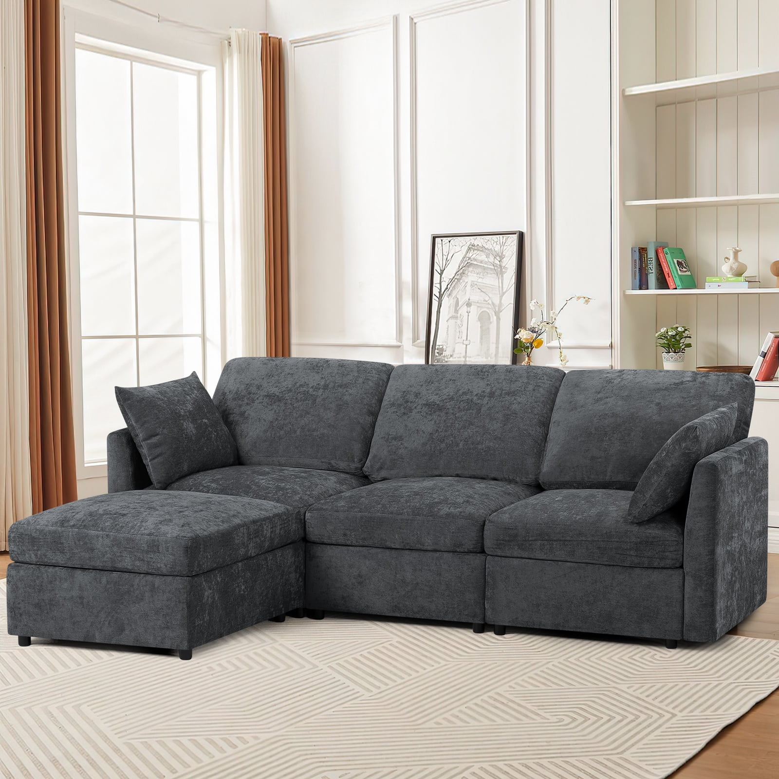ACMEASE 84” Chenille 3 Seats Sofa W/Movable Ottoman, Modern Fabric L ...