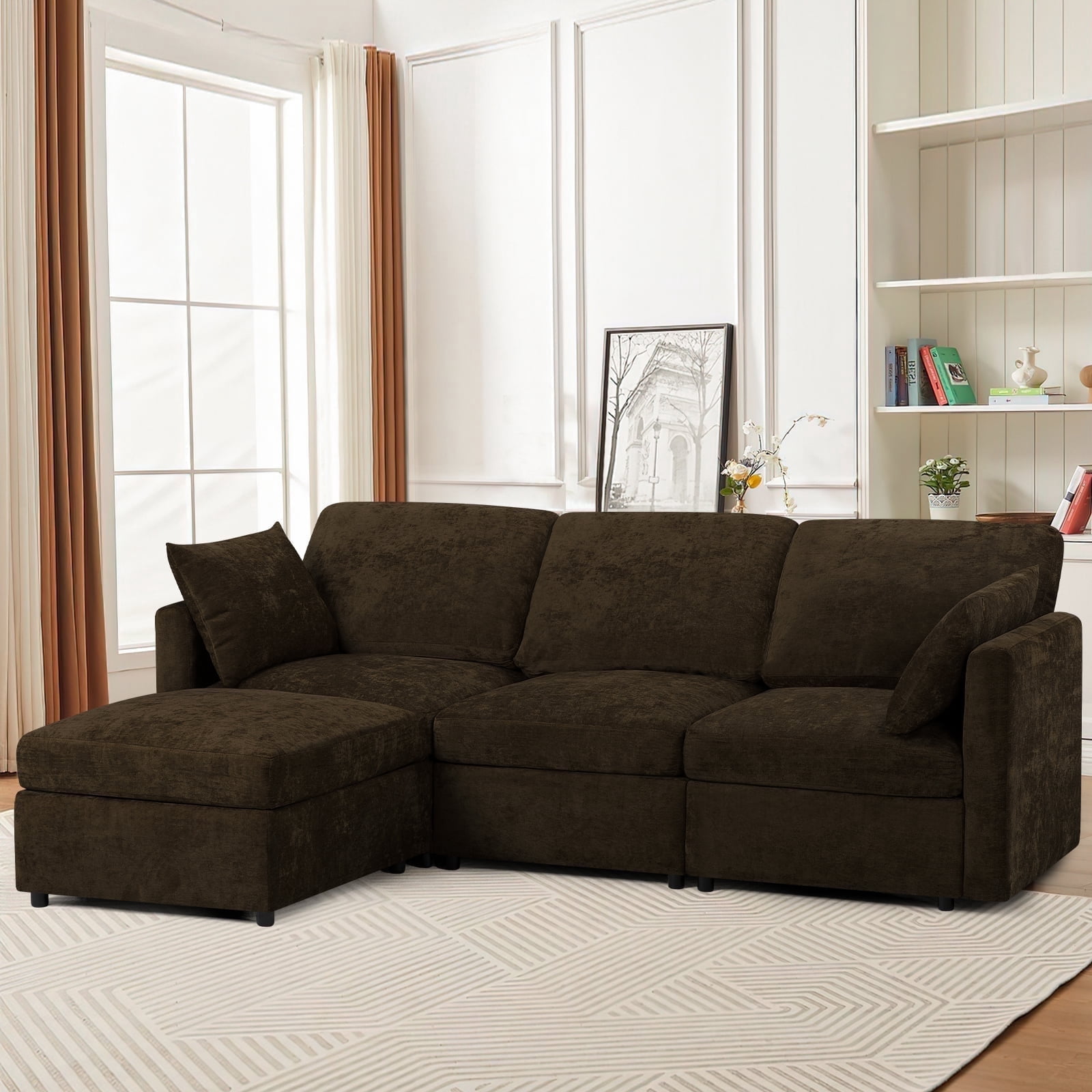ACMEASE 84” Chenille 3 Seats Sofa W/Movable Ottoman, Modern Fabric L ...