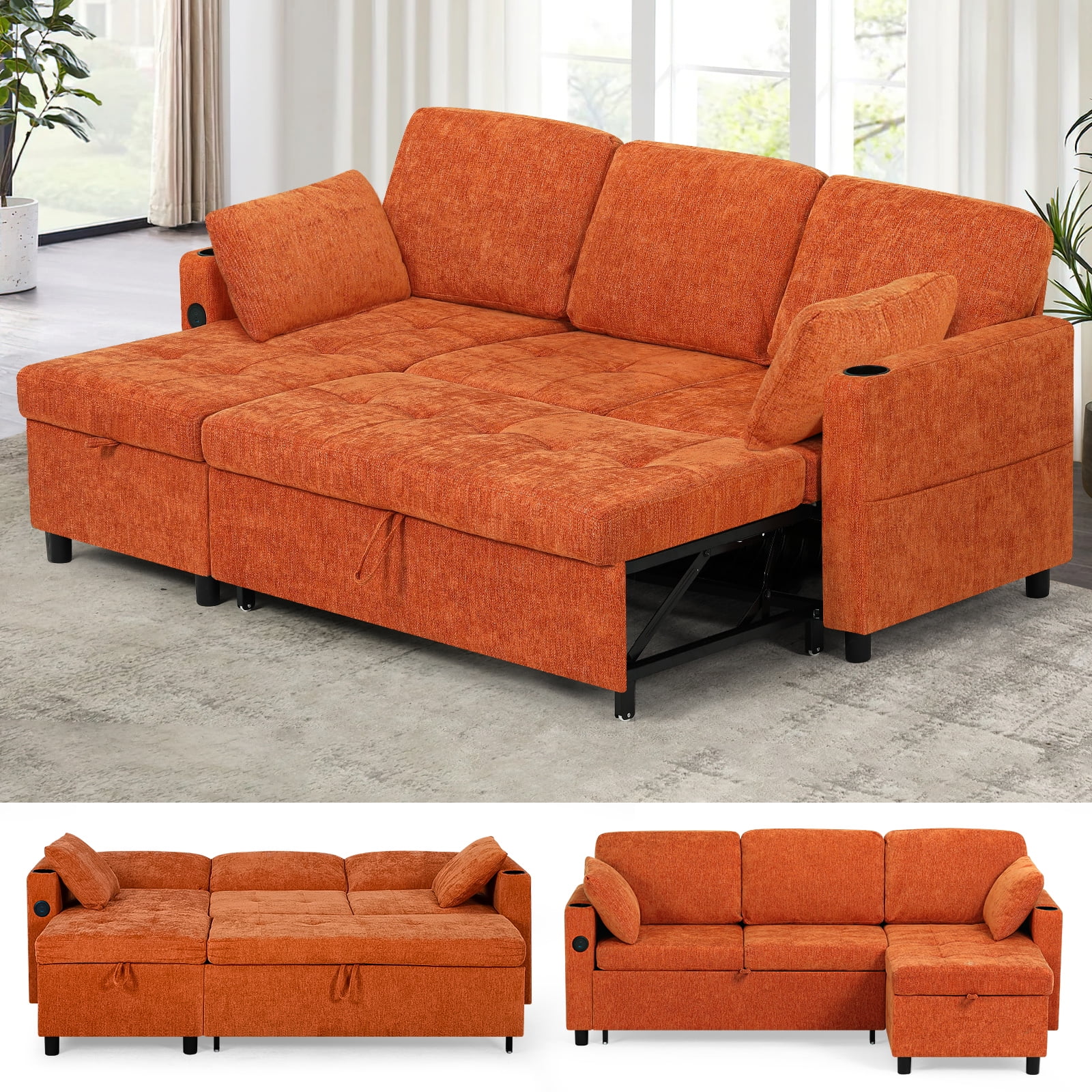 ACMEASE 84" Chenille Sectional Sleeper Sofa w/Adjustable Backrests ...