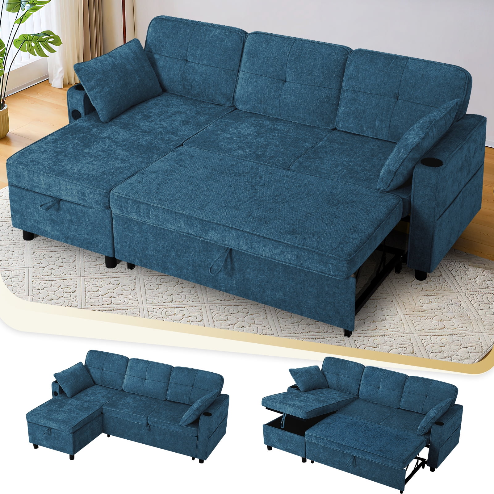 ACMEASE 84" L-Shaped Pull Out Sofa Bed w/Storage Chaise, Tufted ...