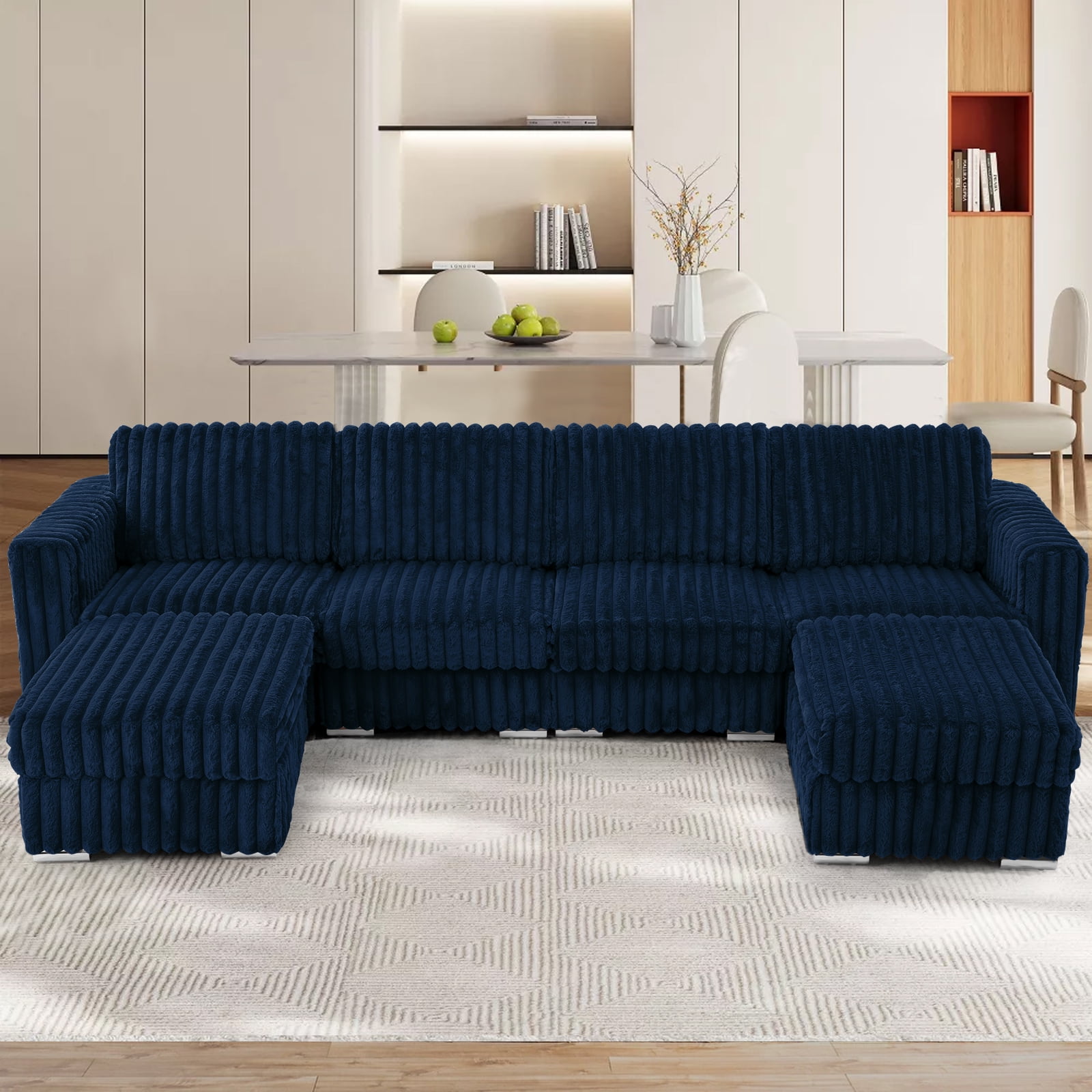 ACMEASE Modern Corduroy Upholstered Sofa with Ottomans & Soft Cushions ...