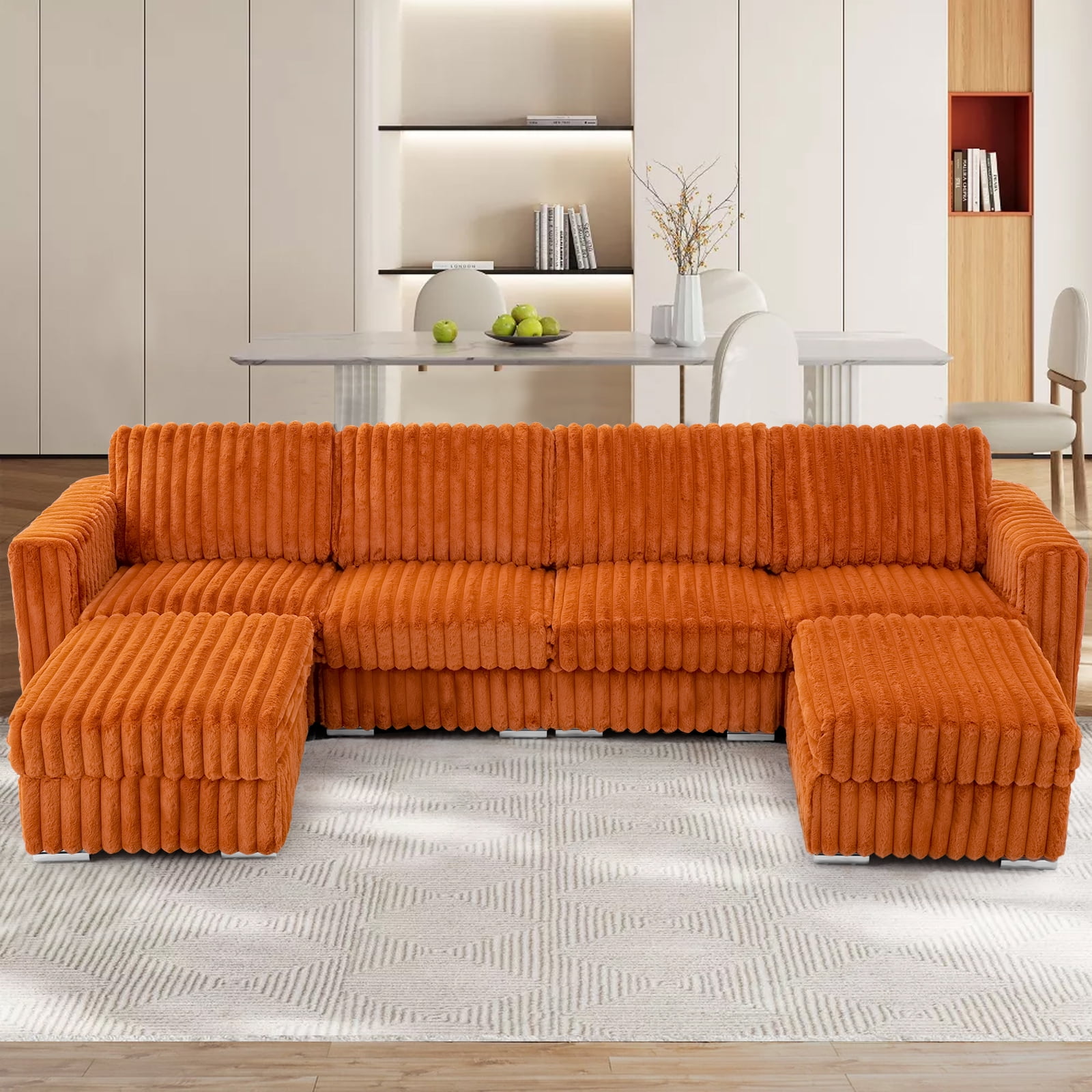ACMEASE Modern Corduroy Upholstered Sofa with Ottomans & Soft Cushions ...