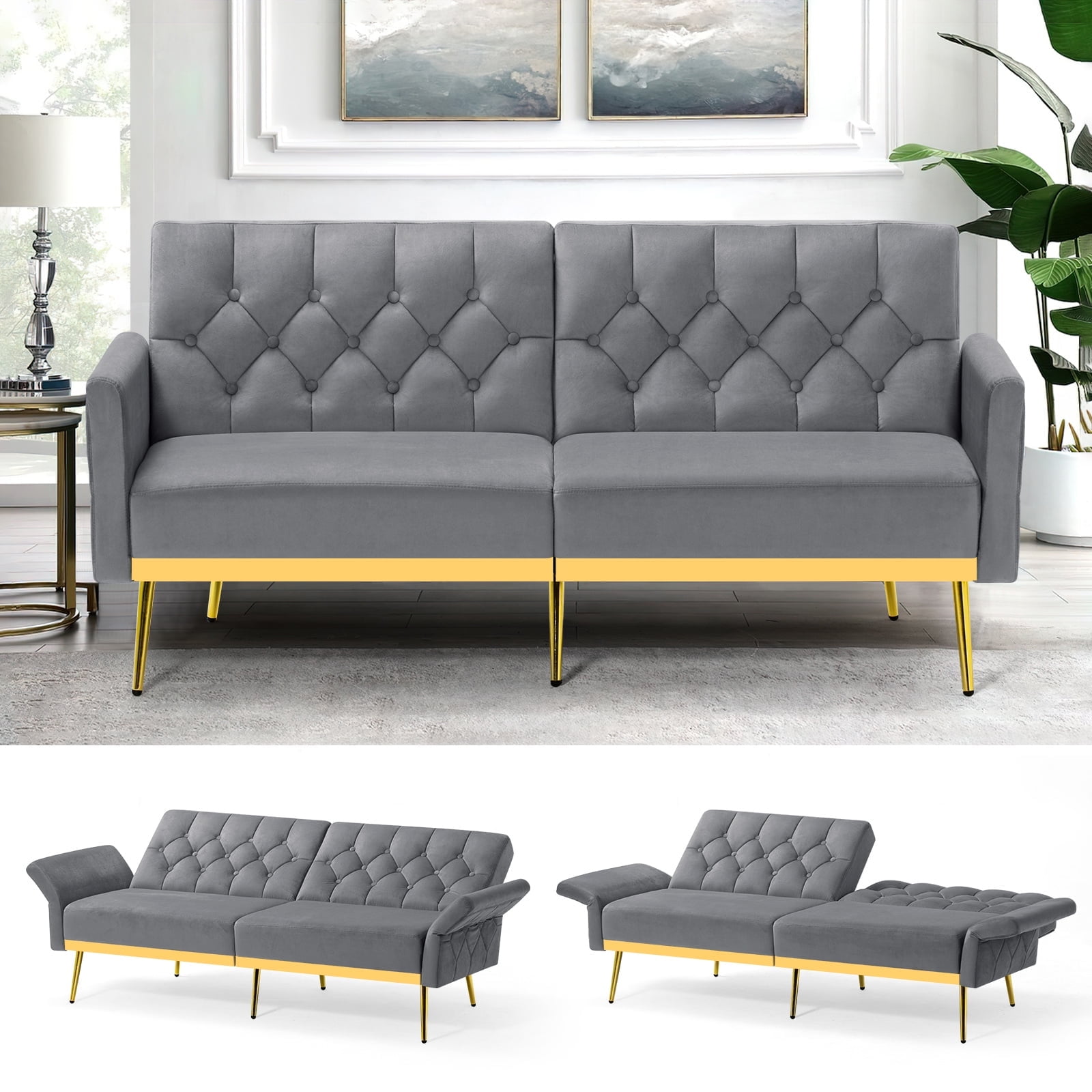 ACMEASE Velvet Sofa Bed w/Adjustable Armrests & Backrests, Modern ...