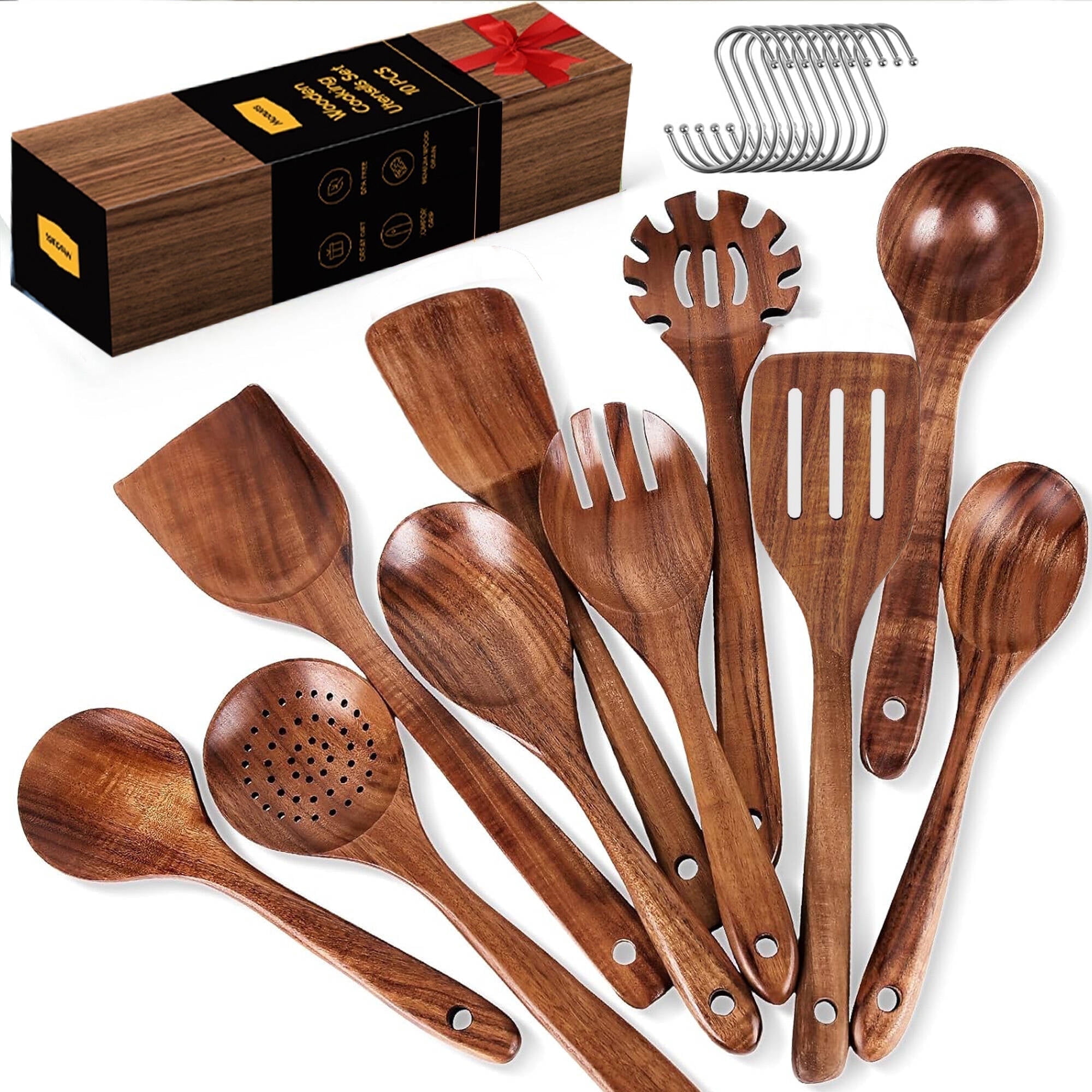ACMETOP Wooden Spoons Set 10PCS Teak Wood Kitchen Utensils with Hooks ...