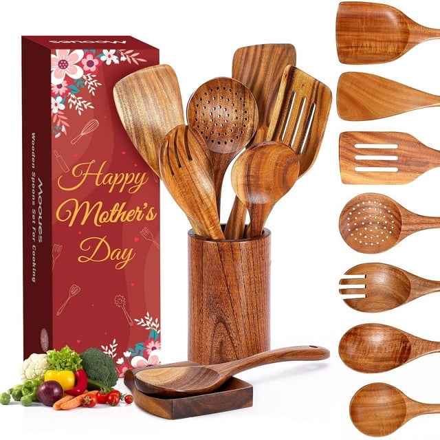 ACMETOP Wooden Spoons for Cooking, 9 Pcs Natural Teak Wooden Utensil ...