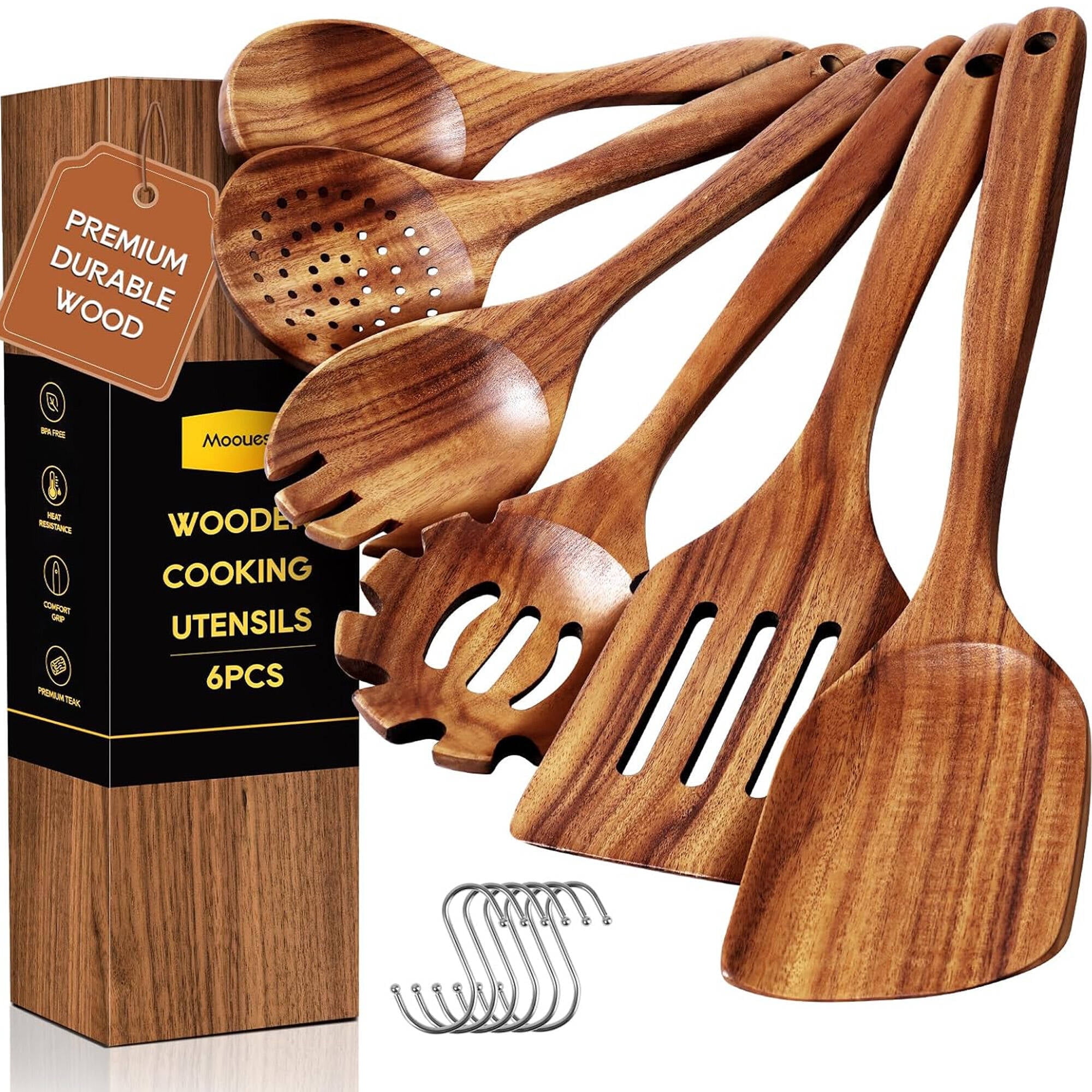 ACMETOP 6-Piece Natural Teak Wooden Spoons for Cooking With 10 Hooks ...