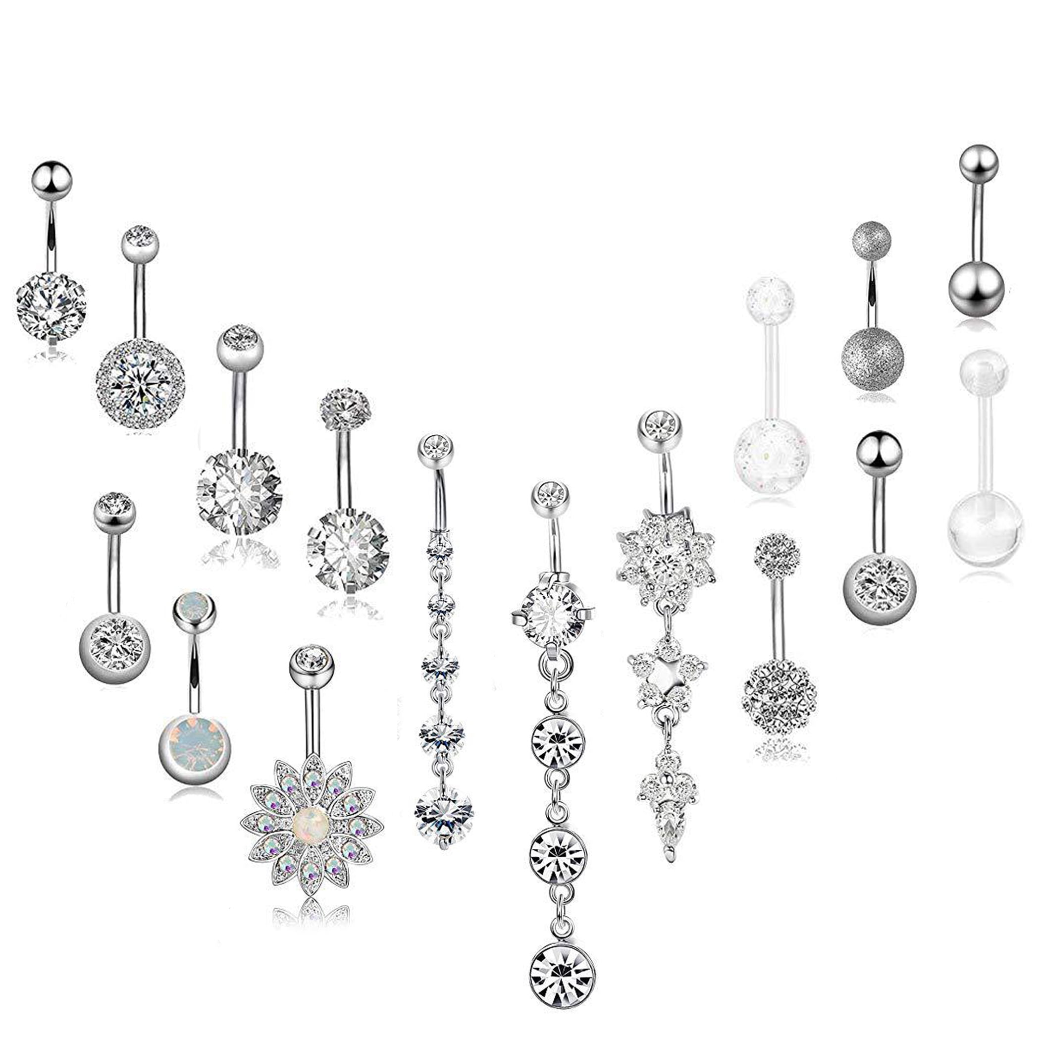 ACOMWEY 16PCS Belly Button Rings, 14G Surgical Steel, Dangle, CZ ...